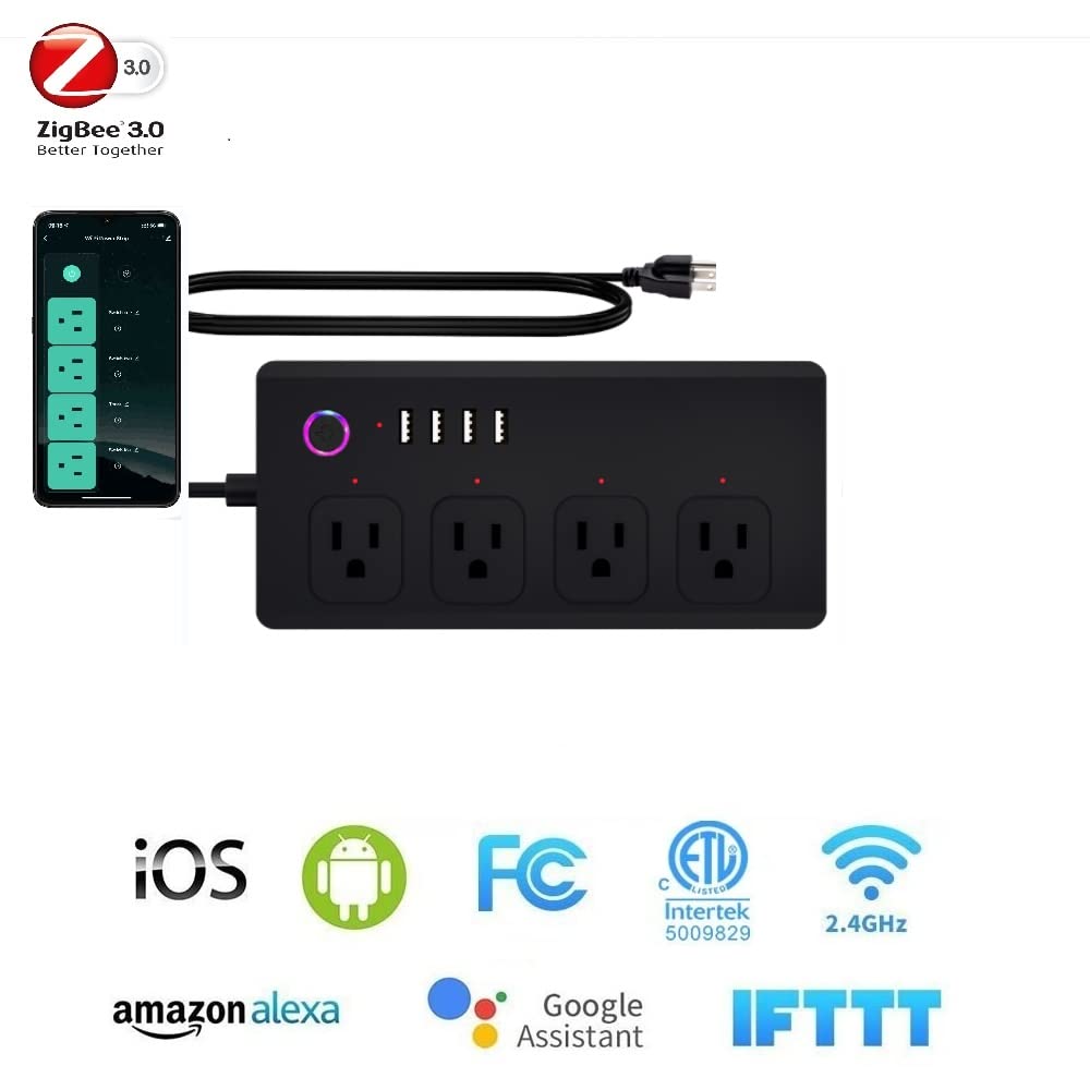 Zauzau Zigbee Smart Power bar(Tuya ZigBee Hub Required) Surge Protector USB Power 5Ft Extension Cord with 4 USB Ports & 4 AC Outlets,Compatible with Alexa,Google Assistant,Voice Control