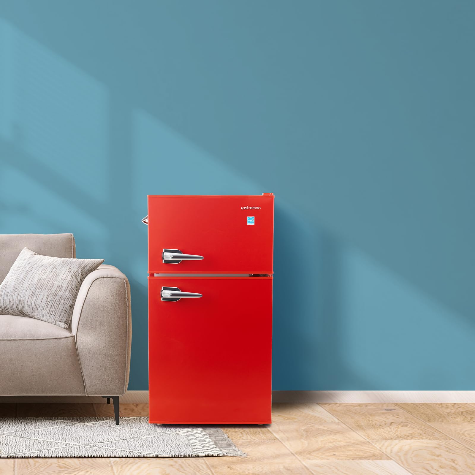 Upstreman 3.1 Cu Ft Retro Refrigerator, Double door mini Fridge with Freezer for Bedroom, Adjustable Thermostat, Side Bottle Opener, Small Fridge for Office, Bedroom, Dorm, Bar, Red-CD30