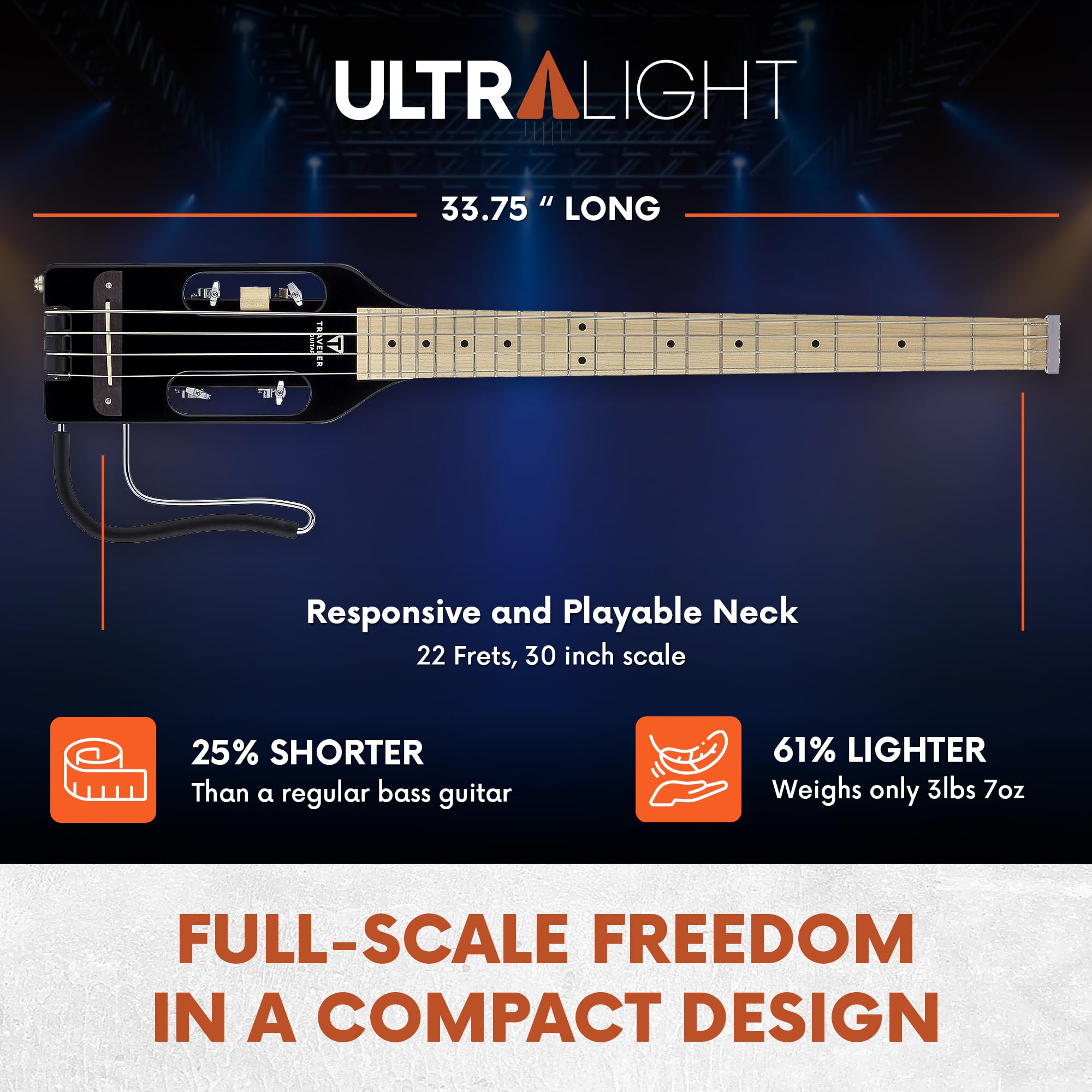 Traveler Guitar Ultra-Light Gloss Black Bass Guitar | Small Bass Travel Guitar with Removable Lap Rest | 30" Scale Portable Headless Guitar | Mini Guitar with Custom Gig Bag