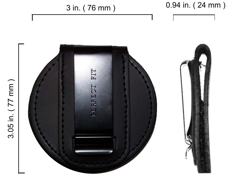 Round US Marshal Belt Clip Badge Holder Chain (2-1/4 inch recessed Cutout, Cutout PF281) Black Leather