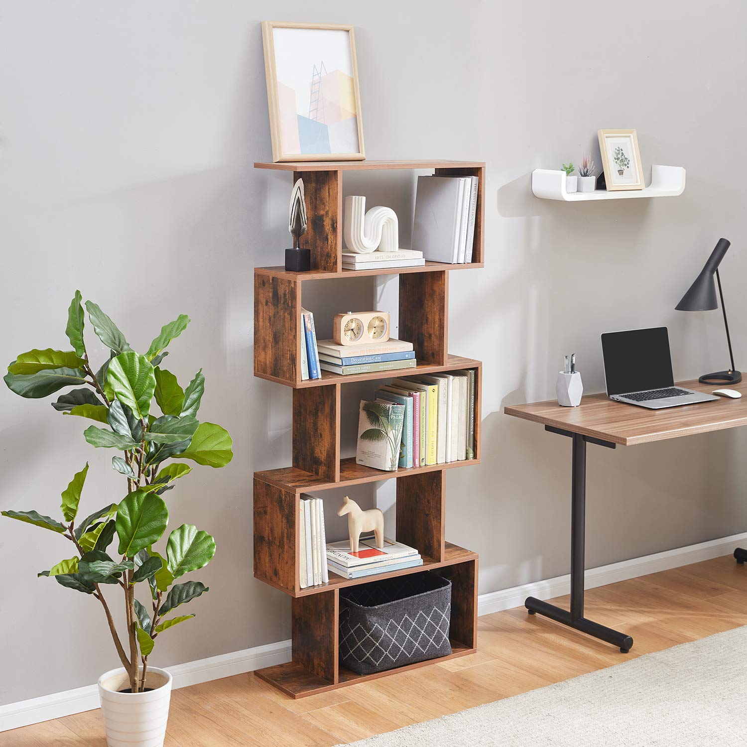 Sunon 5-Tier Bookshelf Free Standing Wood Bookcase, S-Shaped 5 Shelves Book Case for Home Office (Rustic Brown)