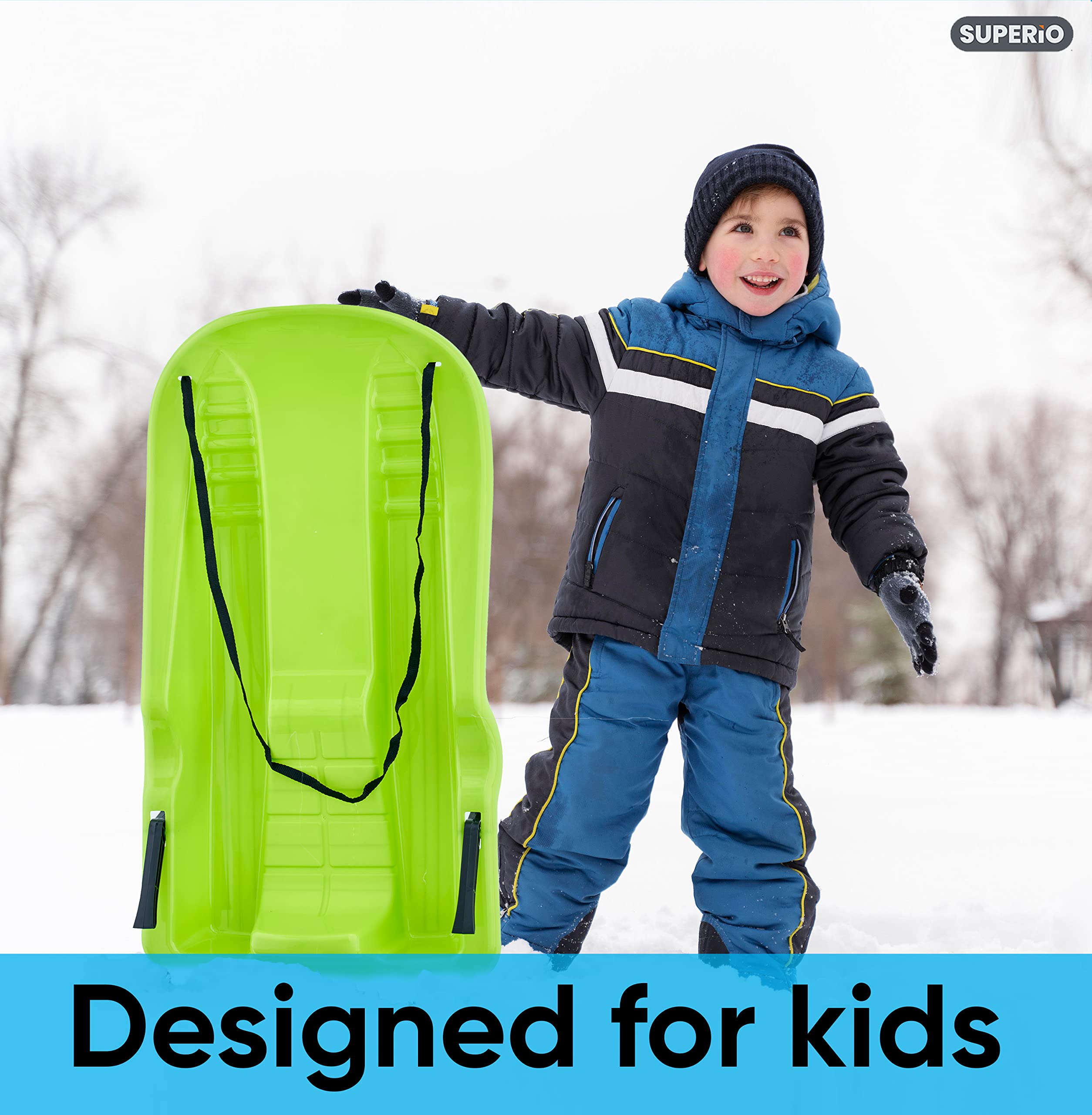 Superio Downhill Snow Sled with Brake Handles for Kids, 35β Toboggan Plastic Sleigh with Pull Rope, Green. (2)
