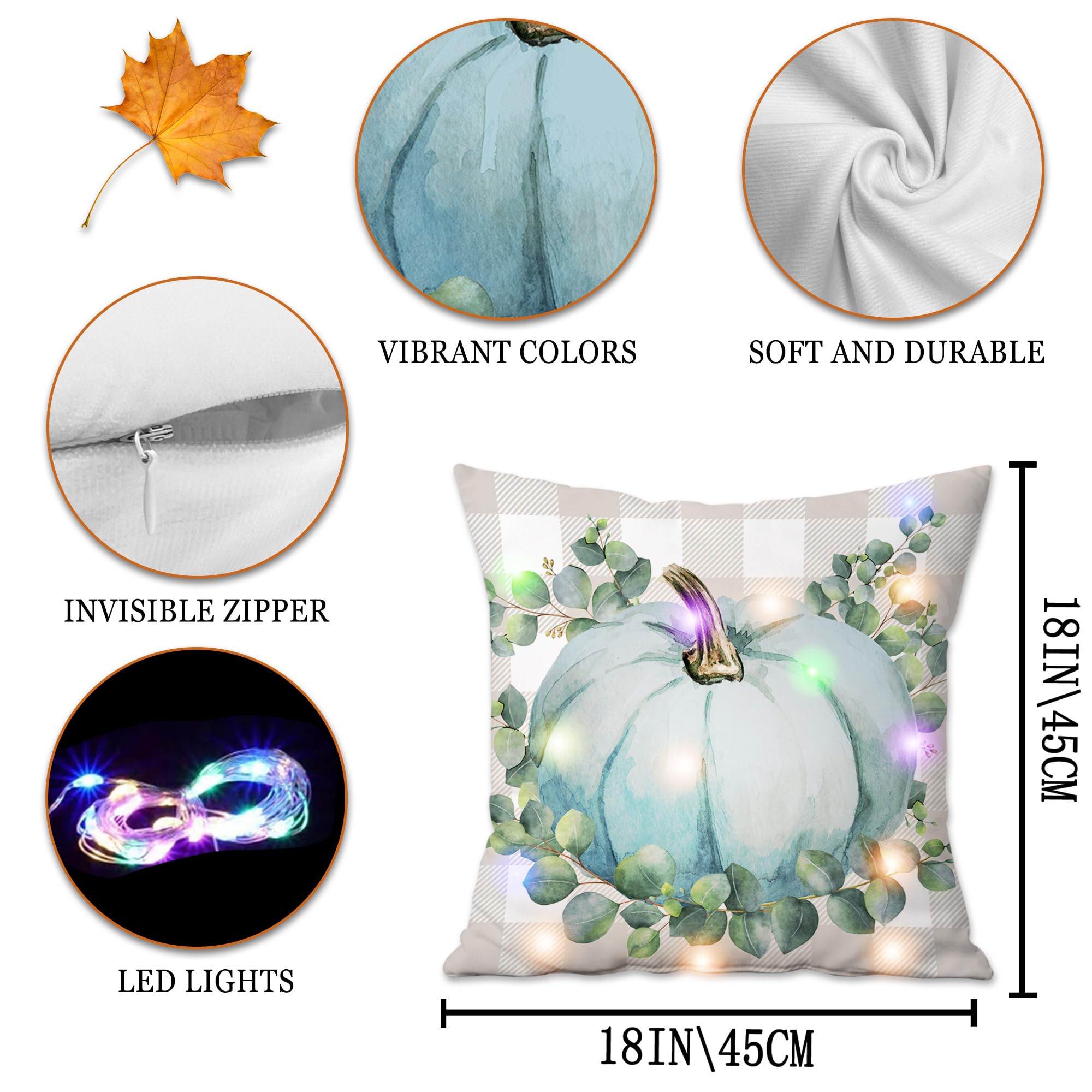 Thanksgiving Decorations Lighted Blue Pumpkin Thanksgiving Fall Pillow Covers 18x18, LED Blue Fall Decor Light up, Farmhouse Decorative Pillow Cover Set 4, Home Decor for Indoor Couch (Aqua/Teal)
