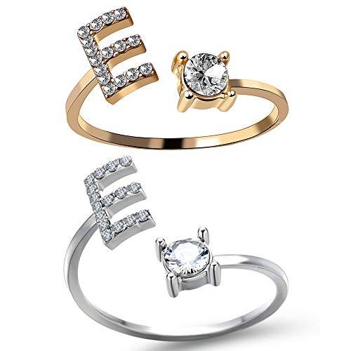 ZZ ZINFANDEL 2PCS A-Z Letter Knuckle Rings Initial Alphabet Knuckle Rings Gold Silver Crystal Adjustable Finger Ring for Women Girls(E)