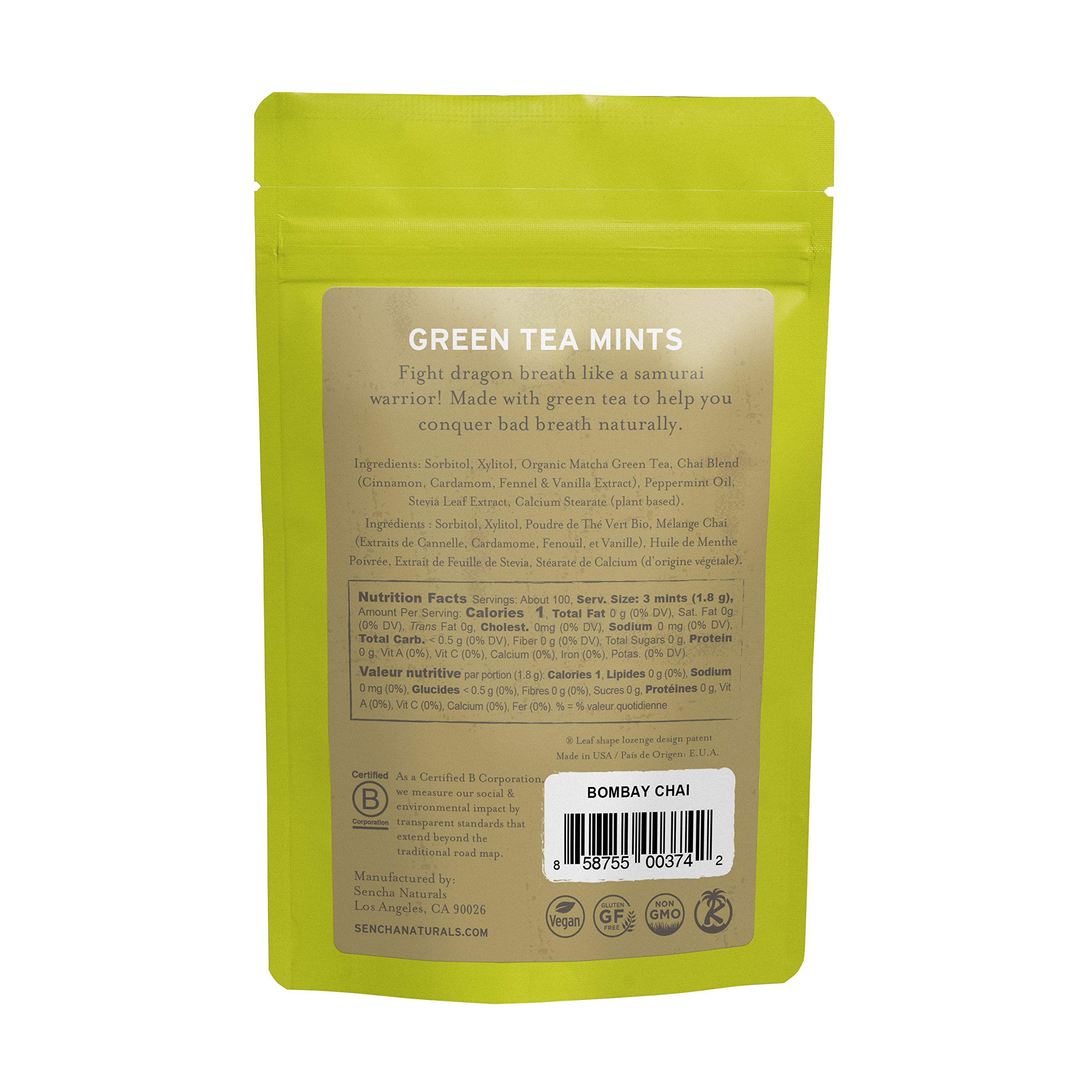 SEN CHA Naturals Green Tea Mints Refill Bag, Bombay Chai, 6.35 oz (Pack of 1)