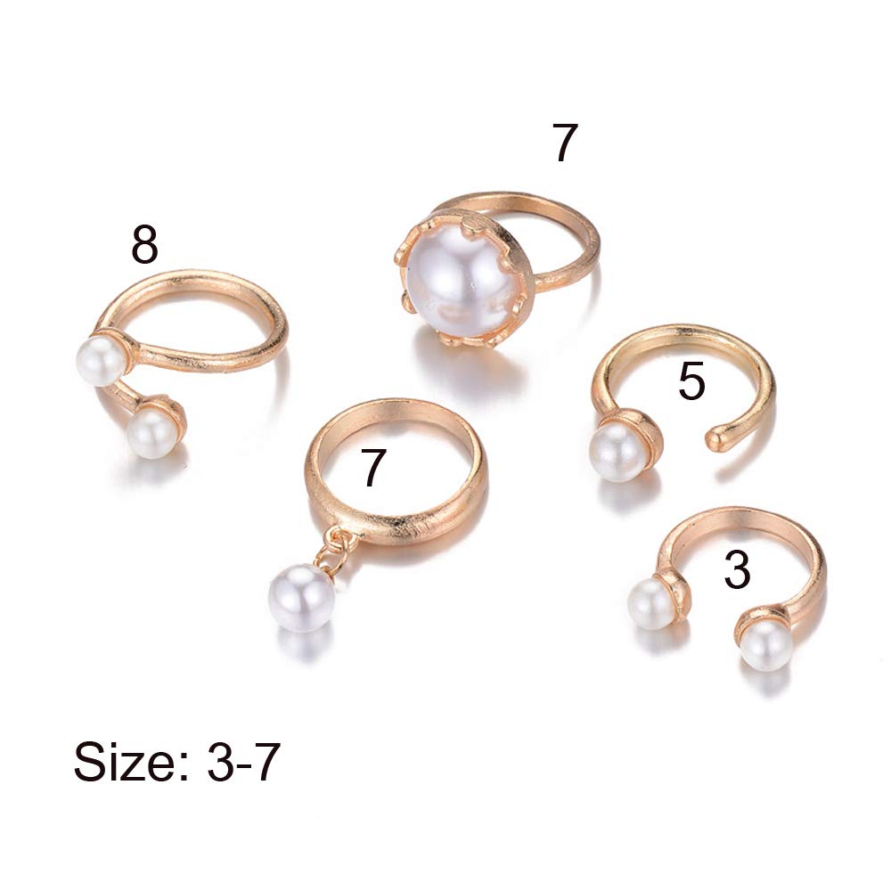 Xerling 5 Pcs Women Girls Pearl Open Ring Gold Knuckle Stackable Joint Finger Rings Sets Bohemian Trendy Ring