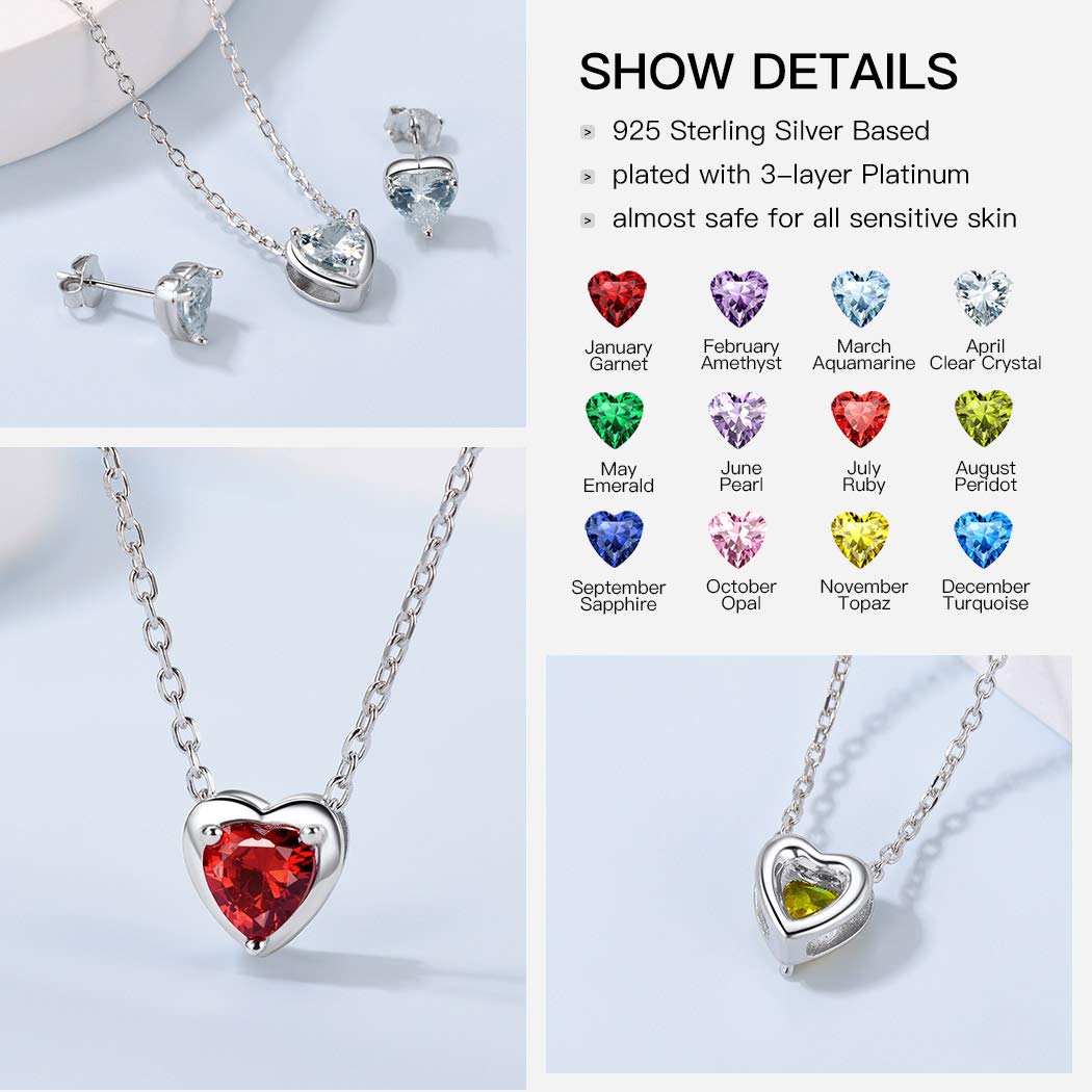 Suplight March Birthstone Necklace 925 Sterling Silver Small Blue Aquamarine Heart Necklace for Women