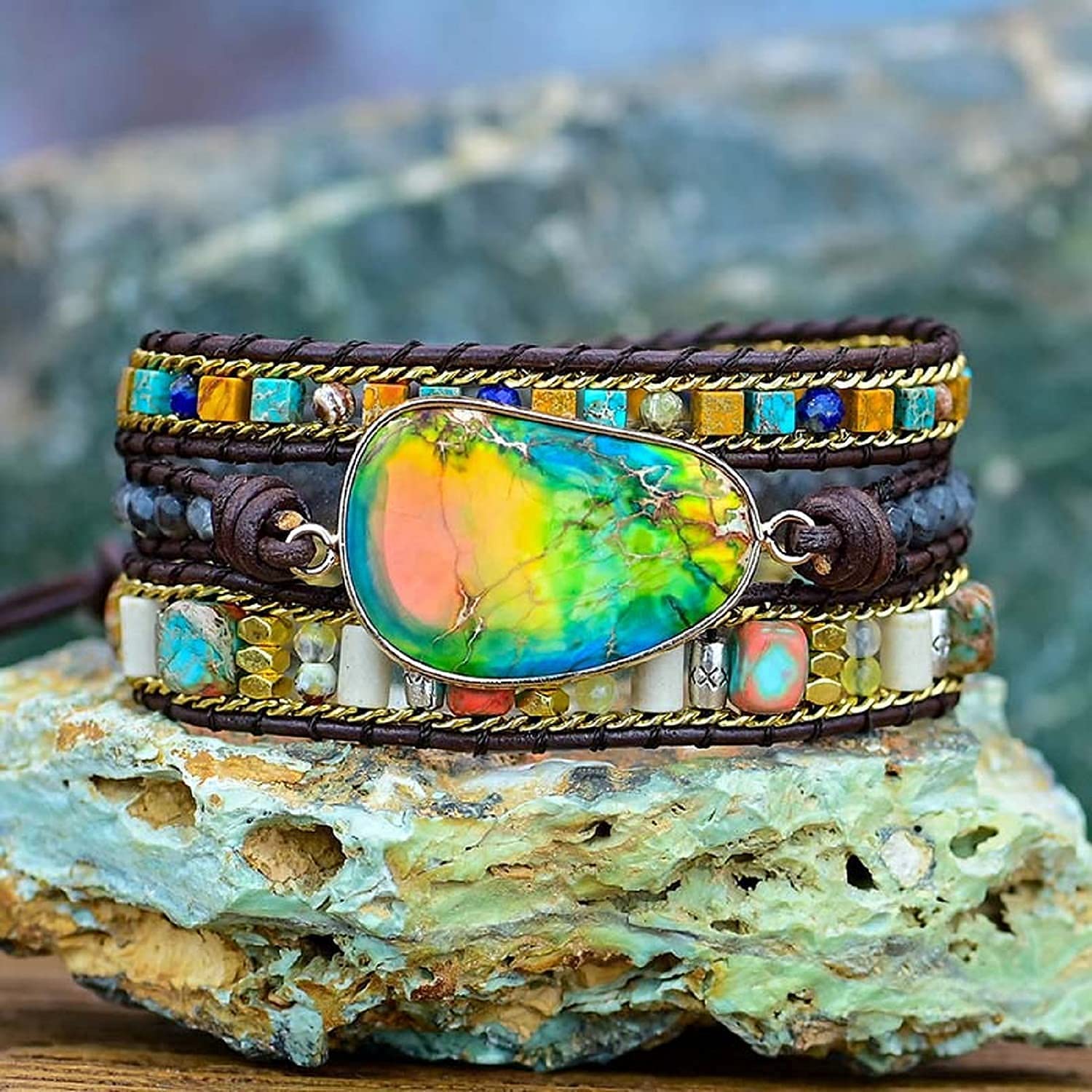 Teepollo Handmade Jasper Turquoise Amethyst Boho Wrap Bracelets for Women-Healing Natural Stone Beads Crystal Bohemian Bracelets Collection for Women Girl
