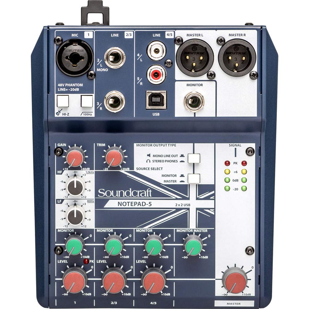 Soundcraft Notepad-5 Small-Format Analog Mixing Console with Polsen HPC-A30 Monitor Headphones, Fastener Straps (10-Pack) & XLR Cable Bundle