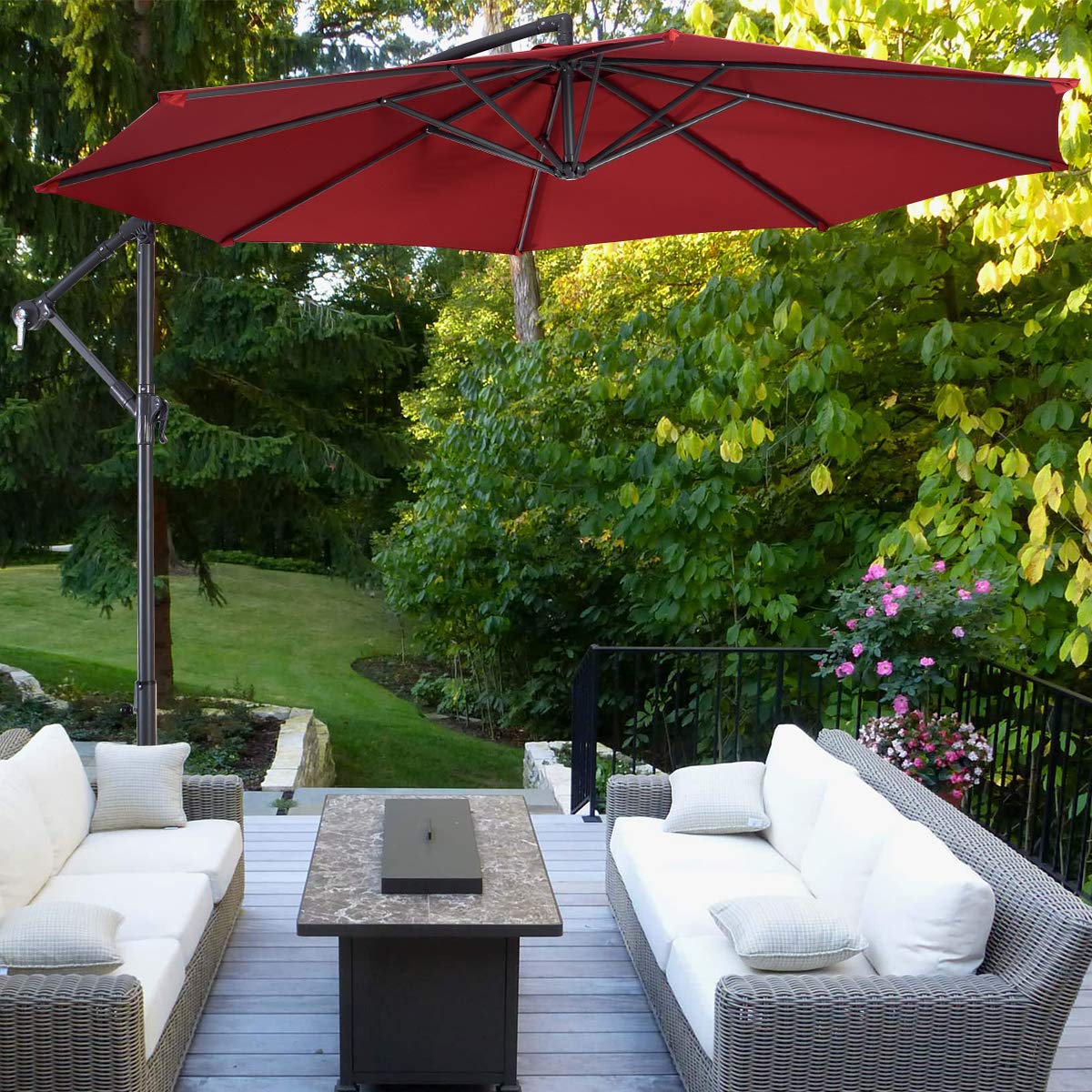 Tangkula Patio Umbrella, 10 ft Outdoor Offset Hanging Umbrella with Crank and Cross Base, 8 Steel Rips, Sturdy Frame and Adjustable Umbrellas for Garden Poolside Deck Market (Burgundy)