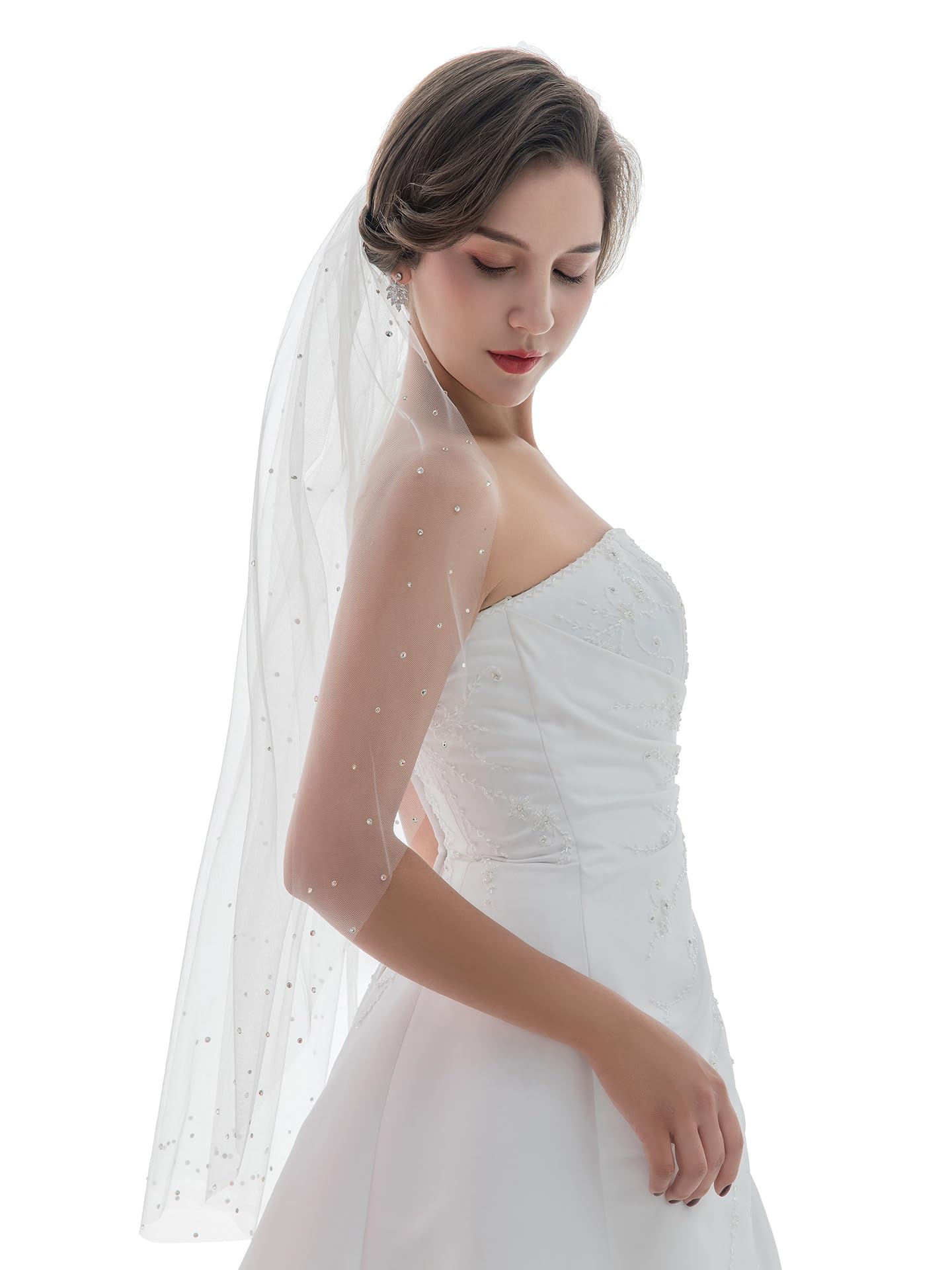 SAMKY 1T 1 Tier Stardust Star Light Rhinestone Crystal Veil - White Fingertip Length 36" V460