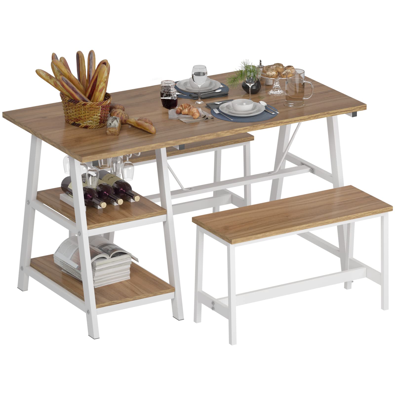 soges 3 Pieces Kitchen Dining Table Set for 4, Breakfast Table Set with 2 Benches, Wooden Dinette with Wine Shelf and Glass Holder, Oak 10CZWKDS03OK120