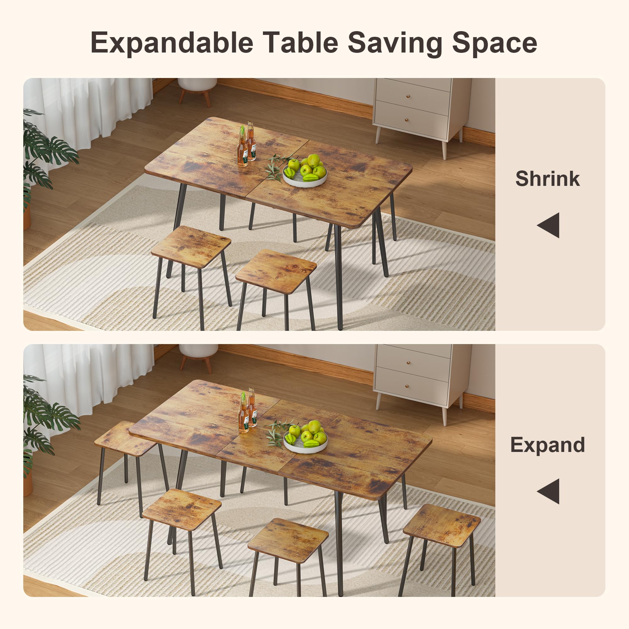 Qsun 7-Piece 63" Extendable Dining Table Set for 4-6 People, Dining Table Set with 6 Chairs, Dining Room Table for Kitchen, Children Protective Design, Rustic Brown