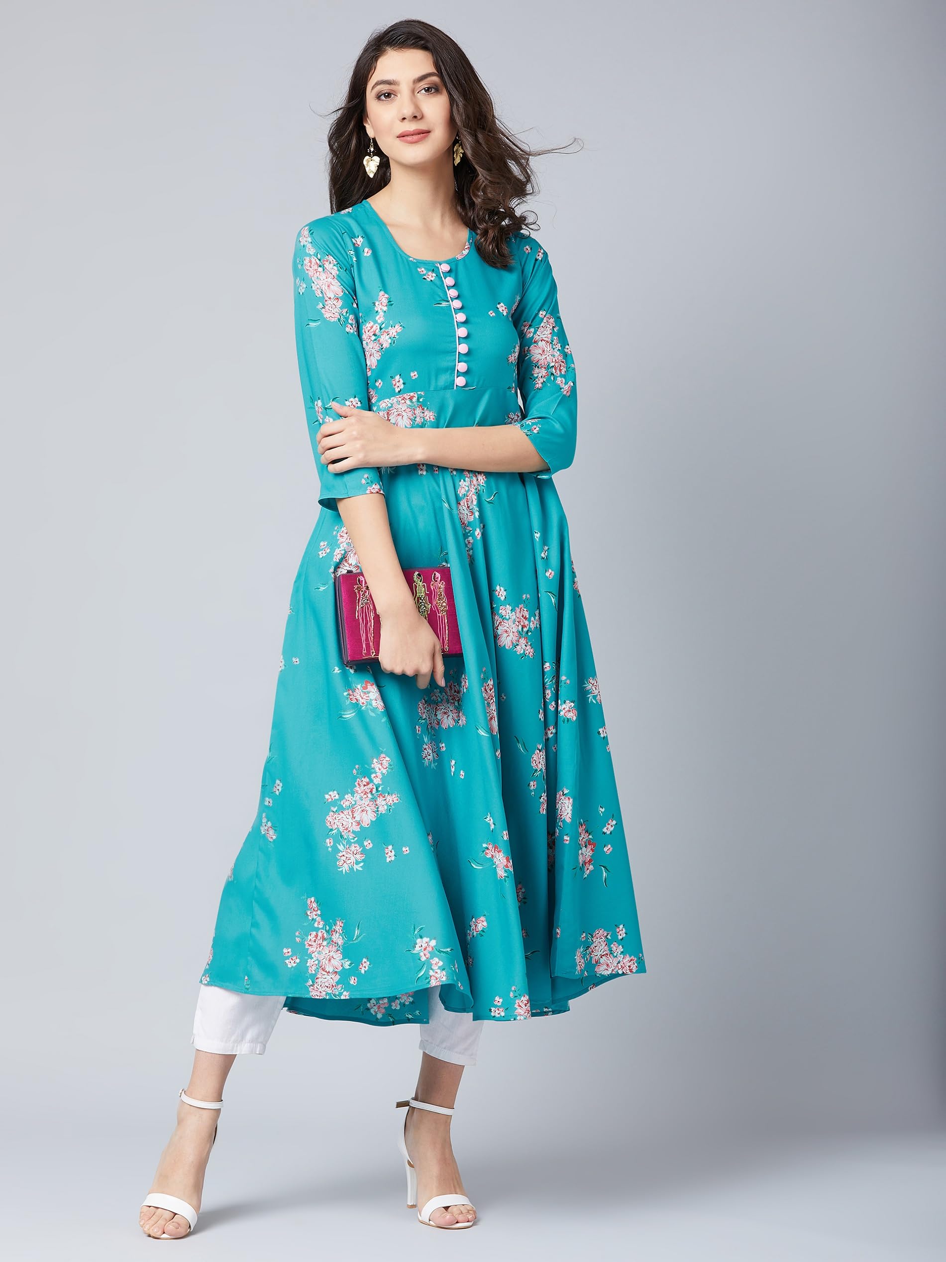 Tissu Women's Rayon Turquoise Floral Printed A-Line Kurta (1937_Blue_S)