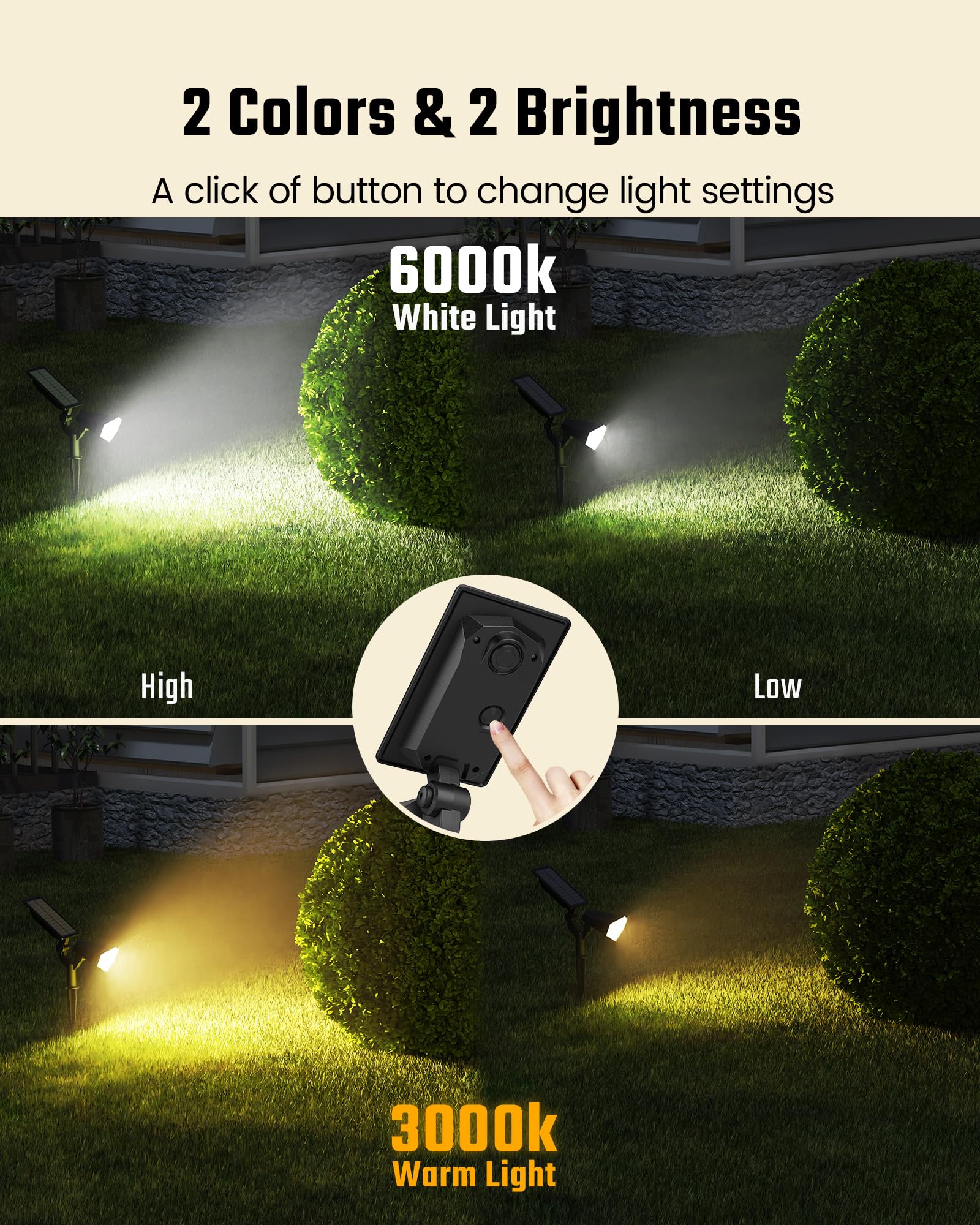SUPERDANNY Solar Spot Lights Outdoor, 180° Adjustable Solar Lights for Outside Garden, 4 Modes 3000K/6000K, IP65 Waterproof, LED Solar Powered Landscape Lighting for Yard, Pathway, 2 Pack