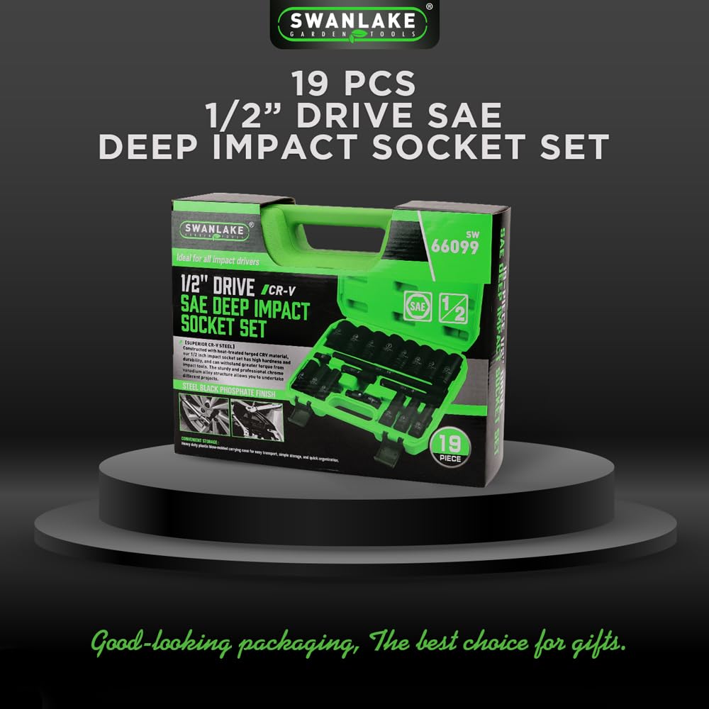SWANLAKE 1/2" Impact Socket Set, 19-Piece 6 Point Impact Set,SAE (3/8-Inch to 1-1/14") Standard Impact Socket Set, Cr-V, Deep Socket Set 1/2 Drive