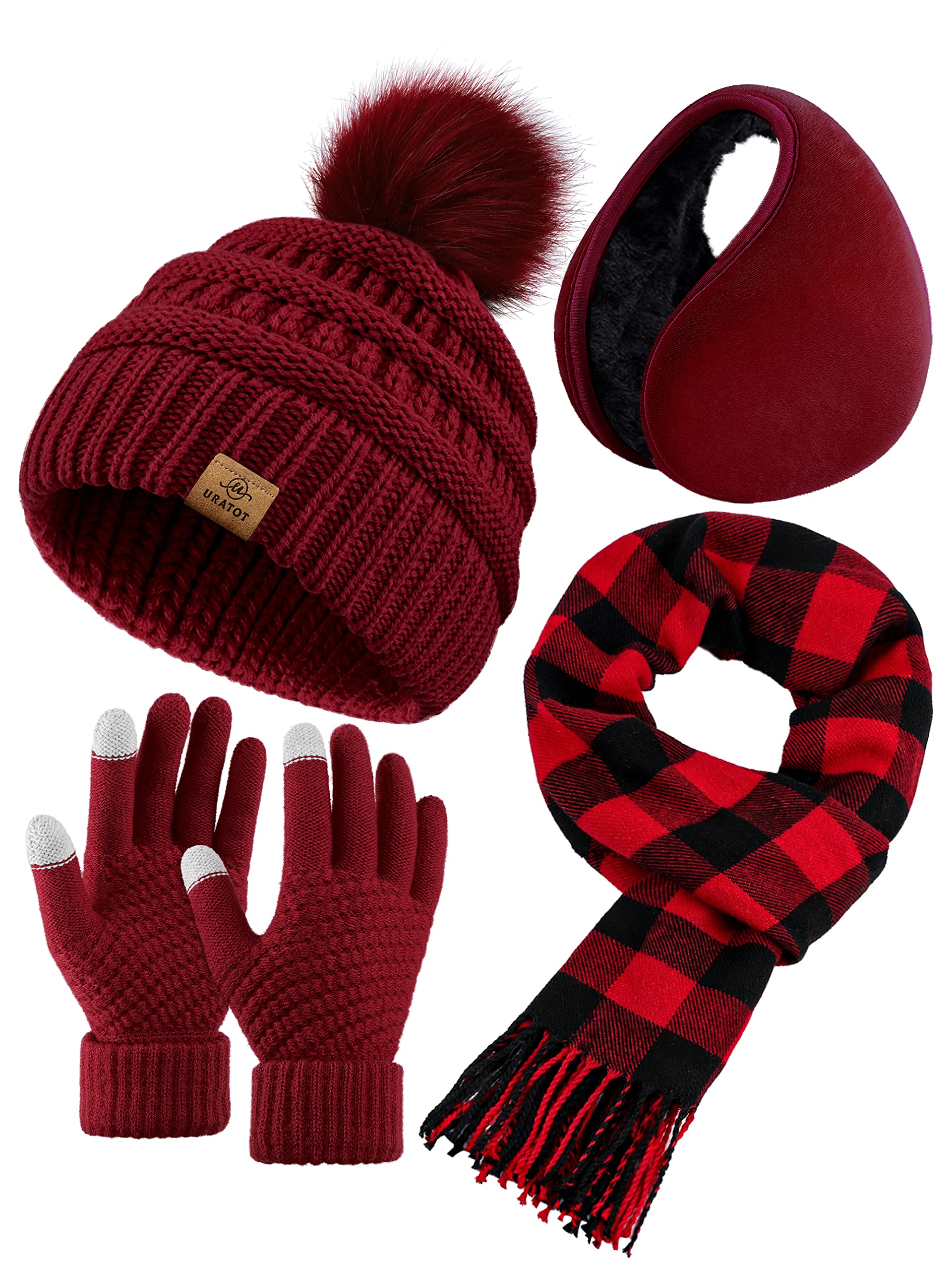 URATOT Beanie Hat Scarf Gloves 4 in 1 Winter Set Knitted Scarf Hat Touch Screen Gloves and Winter Ear Warmer for Unisex