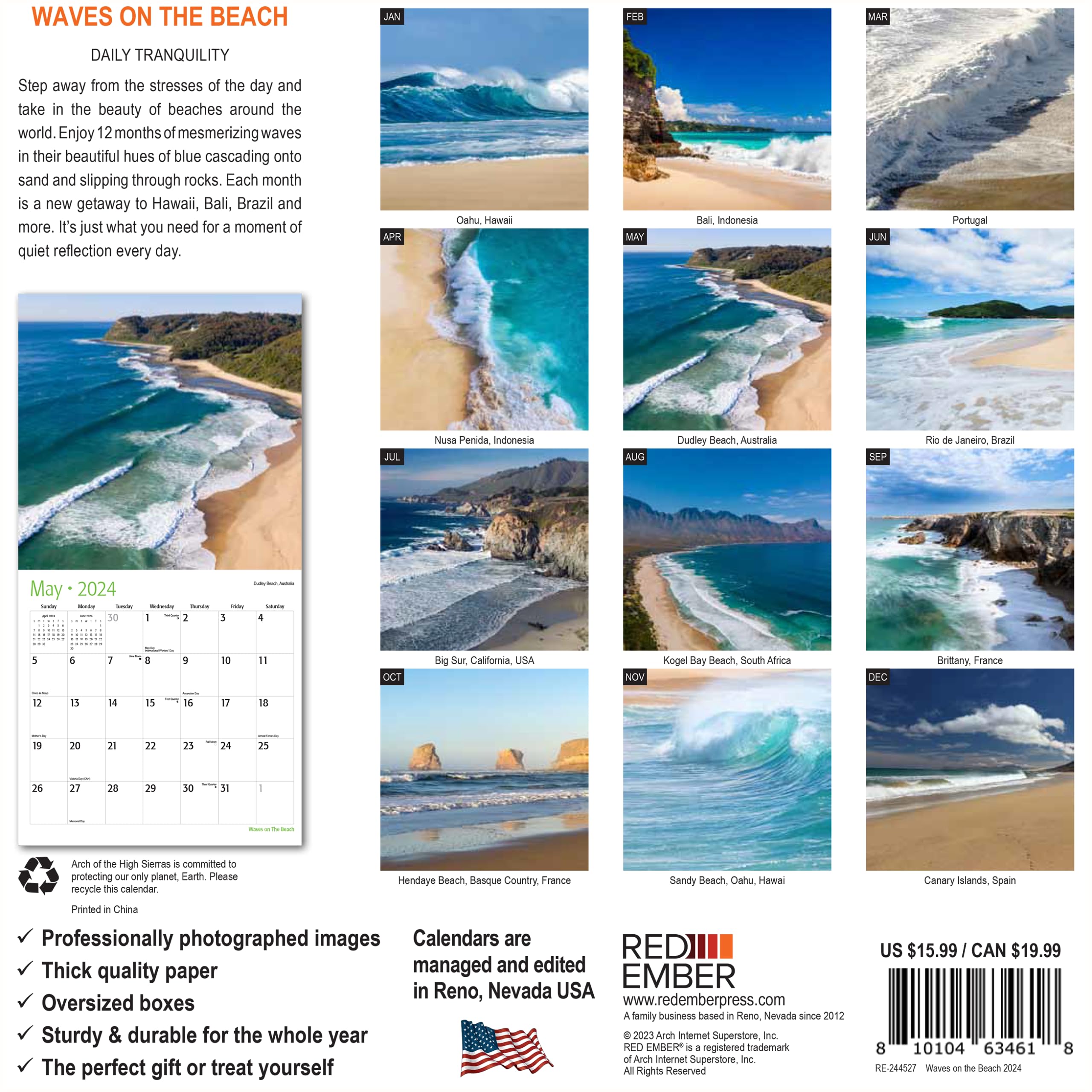 RED EMBER Waves on the Beach 2024 Hangable Monthly Wall Calendar | 12" x 24" Open | Thick & Sturdy Paper | Giftable | Beautiful Nature Tropical Travel | Daily Tranquility