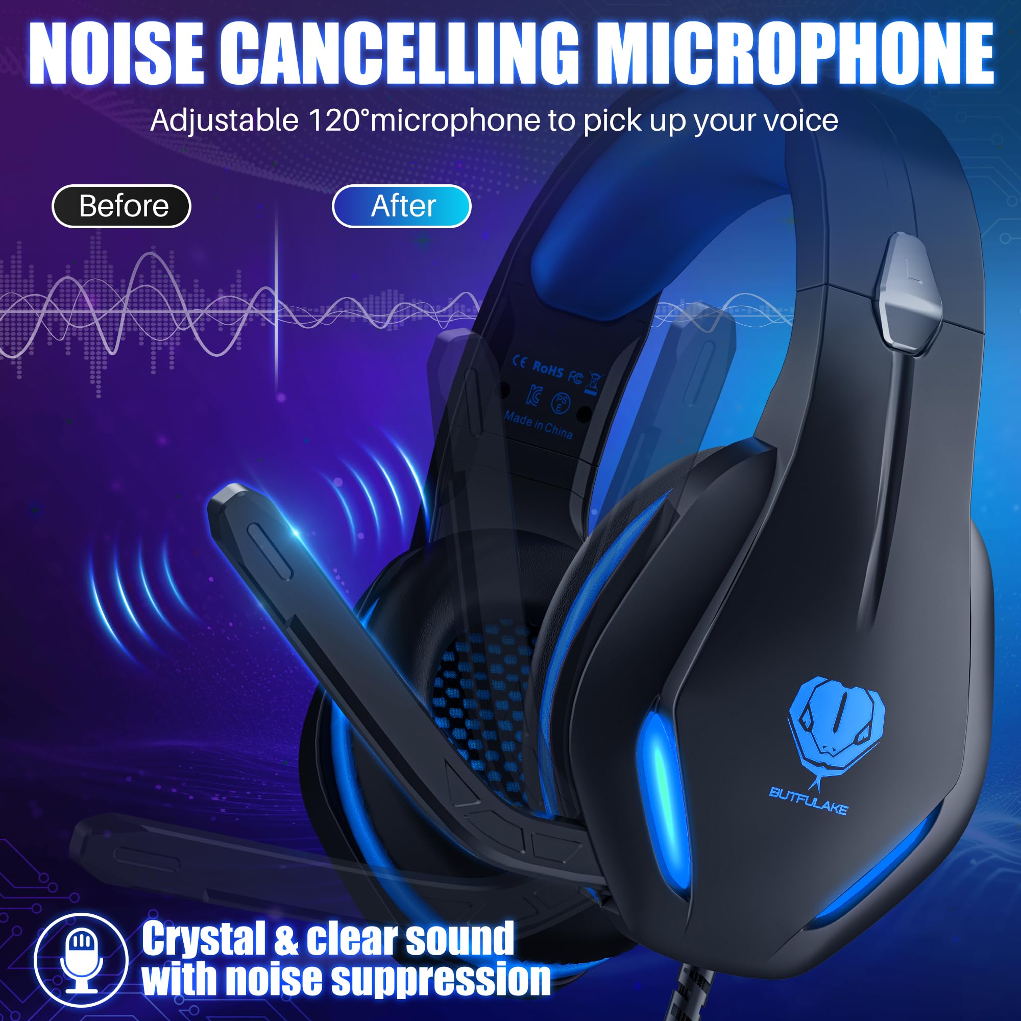 Stynice Gaming Headset for Xbox, PC, PS5, PS4, Laptop, Crystal Clear Sound Computer Gamer Headset with Noise Canceling Mic and LED Light - Lightweight Comfortable Over Ear Headphones (Blue)