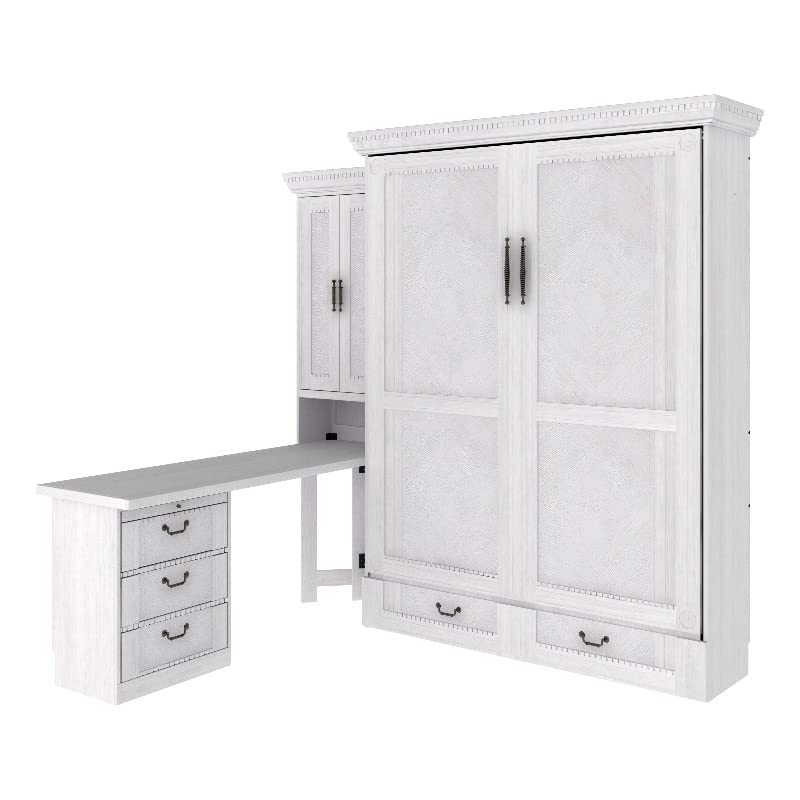 RoomAndLoft Imperial Queen Solid Wood Murphy Wall Bed and Shelf Storage with Side Desktop and Drawers in White