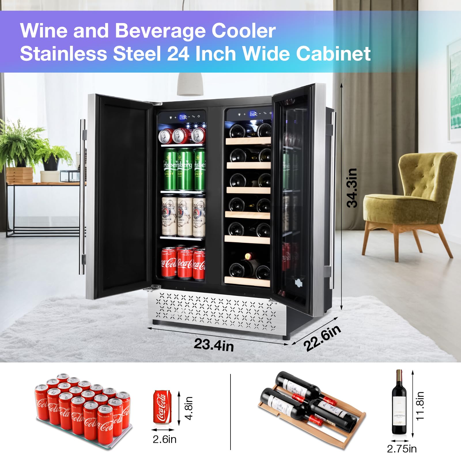Tylza Wine and Beverage Refrigerator, 24 inch Dual Zone Wine Beverage Cooler Built-in and Freestanding, with Seamless Stainless Steel Door Quick Cooling Under Counter Beer Wine refrigerator TYBC120-2