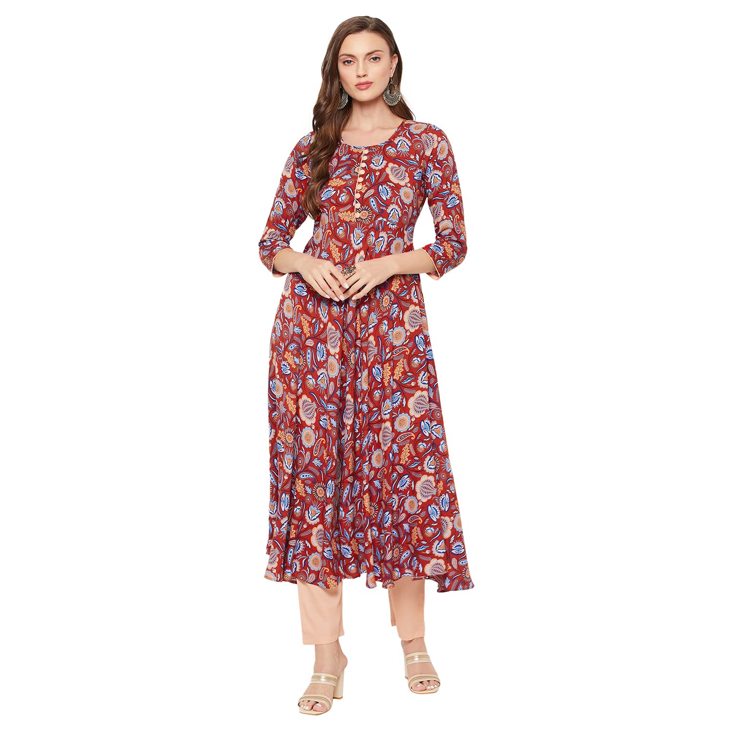 Tissu Women's Rayon Orange & Blue Floral Printed A-Line Kurta (Tissu-2197-Orange_M)