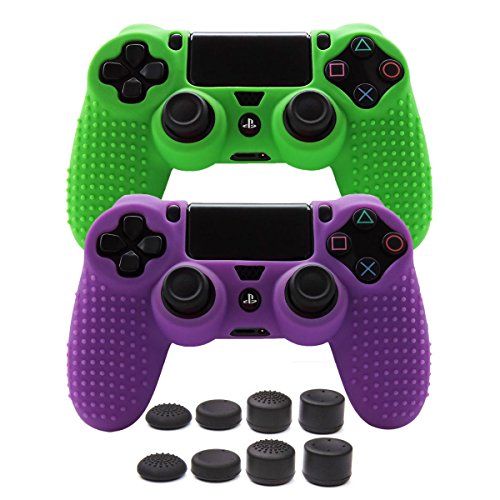 PS4 Controller Grips,Pandaren Studded Anti-Slip Silicone Cover Skin Set Compatible for PS4 /Slim/PRO Controller(Skin x 2 + FPS PRO Thumb Grips x 8)(Green, Purple)