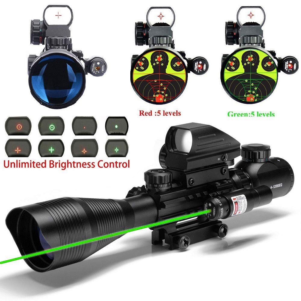 THEA C4-12X50 Scope Dual Illuminated Reticle w/Green Laser Sight and 4 Tactical Holographic Dot Reflex Sight (12 Month Warranty) (Green)