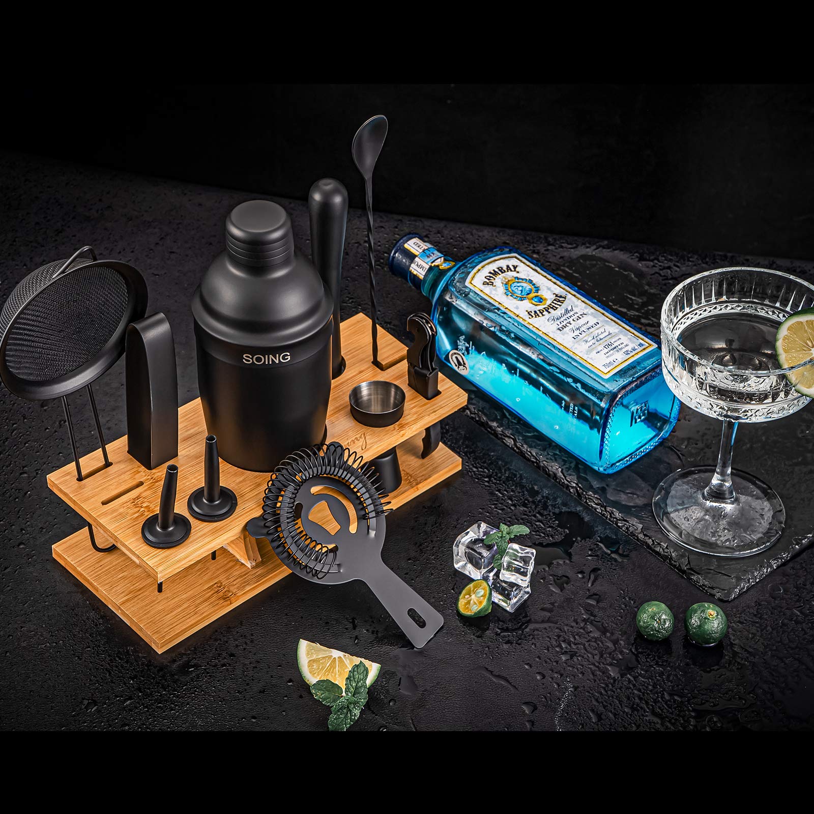 Soing 11-Piece Black Bartender Kit,Perfect Home Cocktail Shaker Set for Drink Mixing,Stainless Steel Bar Tools with Stand,Velvet Carry Bag & Cocktail Recipes Cards (Black)