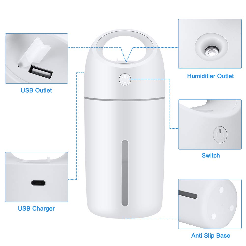 Ultrasonic Air Humidifier with 7 Colors LED, 280ml Adjustable Mist Modes, USB Rechargeable & Quiet Operation & Auto Shut-Off for Office Travel Home Baby