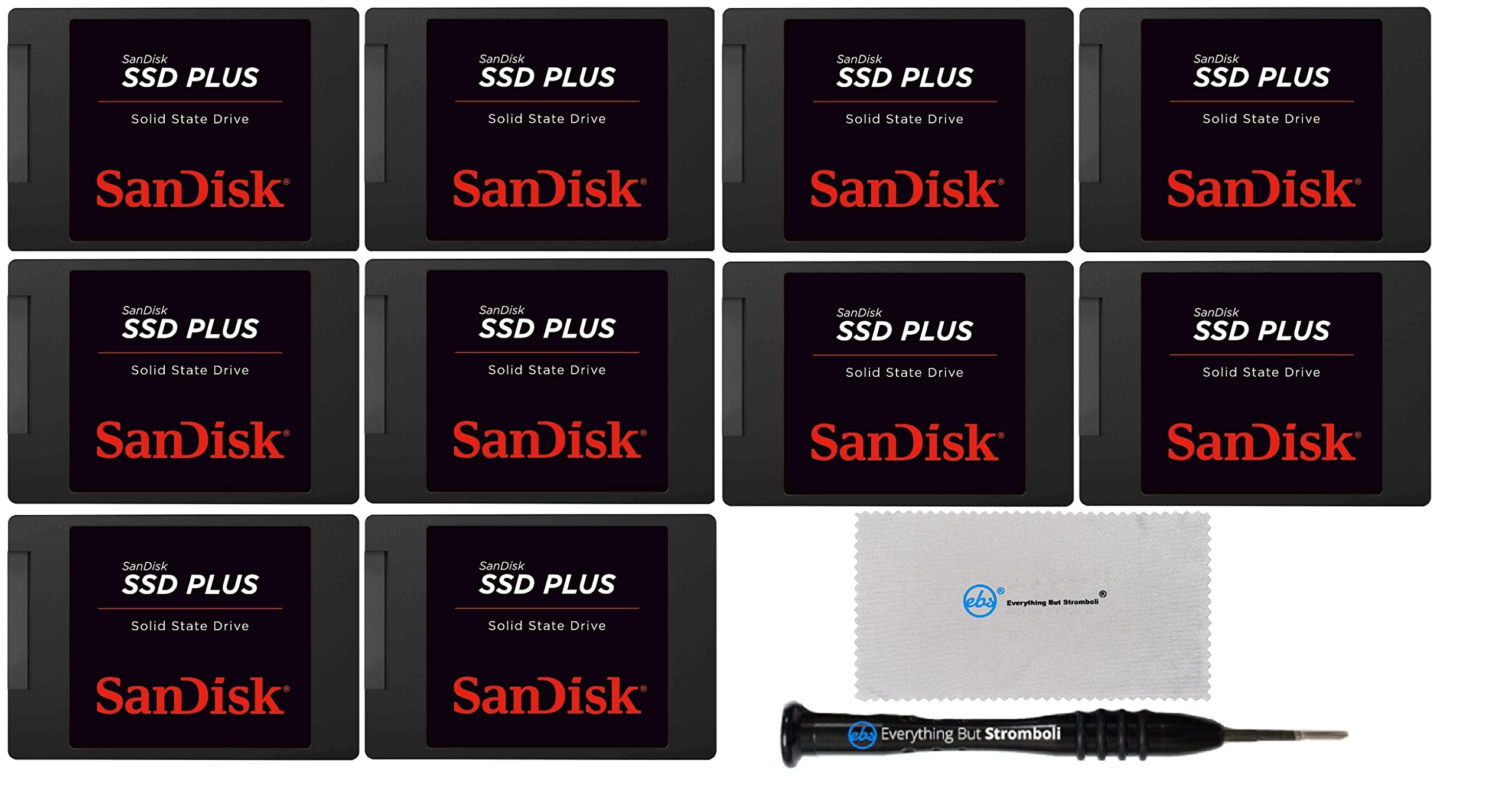 SanDisk SSD Plus 120GB Internal SSD (10 Pack) - SATA III 6 Gb/s, 2.5"/7mm - (SDSSDA-120G-G27) Solid State Drive Bundle with (1) Everything But Stromboli Magnetic Screwdriver and Microfiber Cloth