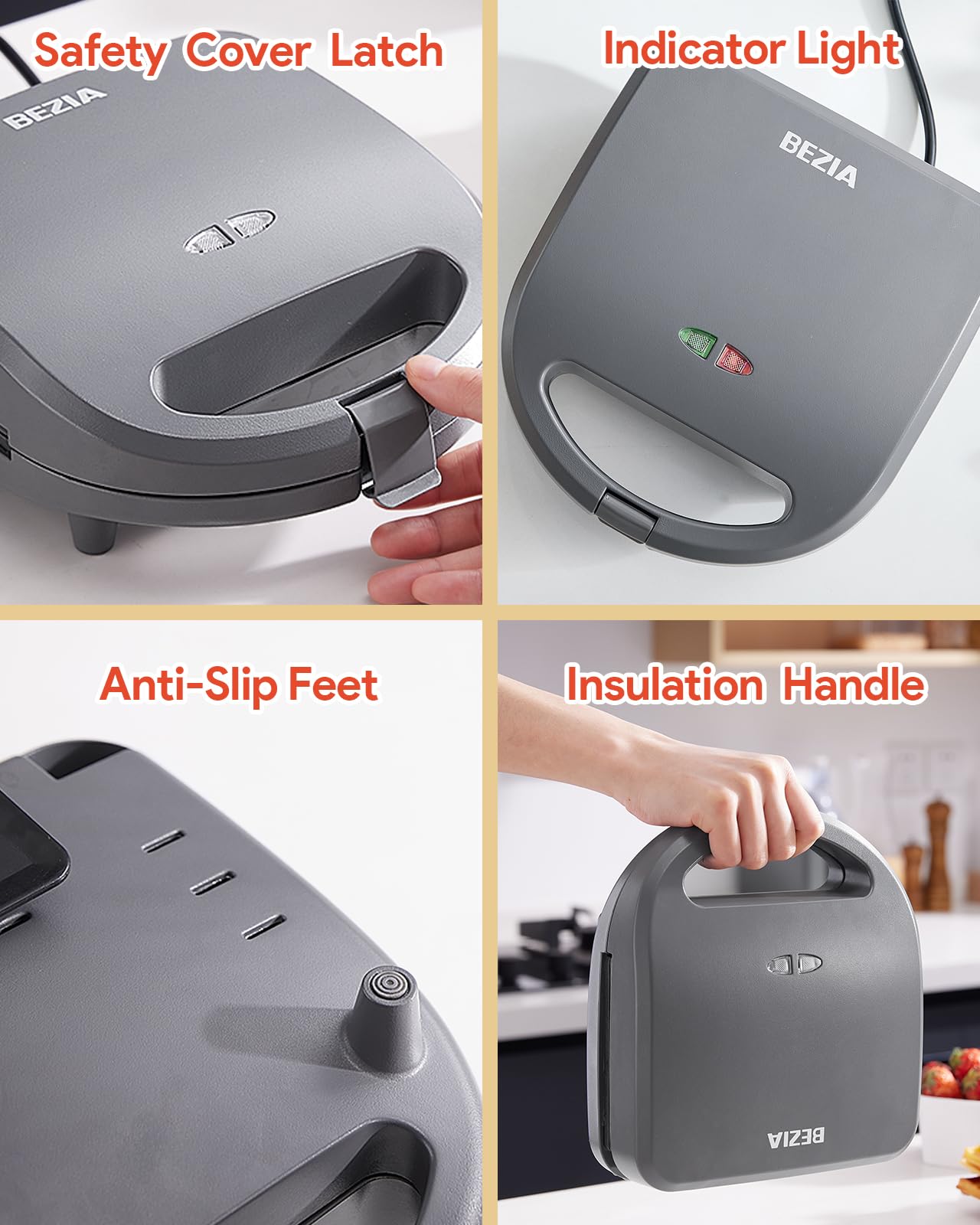 Waffle Maker Double, Waffle Iron Machine Non-Stick Extra Large, Breakfast Stuffed 2-Slice Belgian, Electric Fast Heat Up, Snack, Gray 750W BEZIA