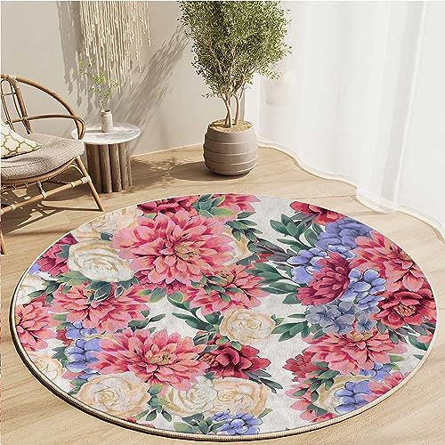 Round Office Chair Mat for Hardwood Floor Boho Floral Thick Hard Floor Protector Pink Multi-Purpose Low Pile Desk Rug for Home Office 39 in