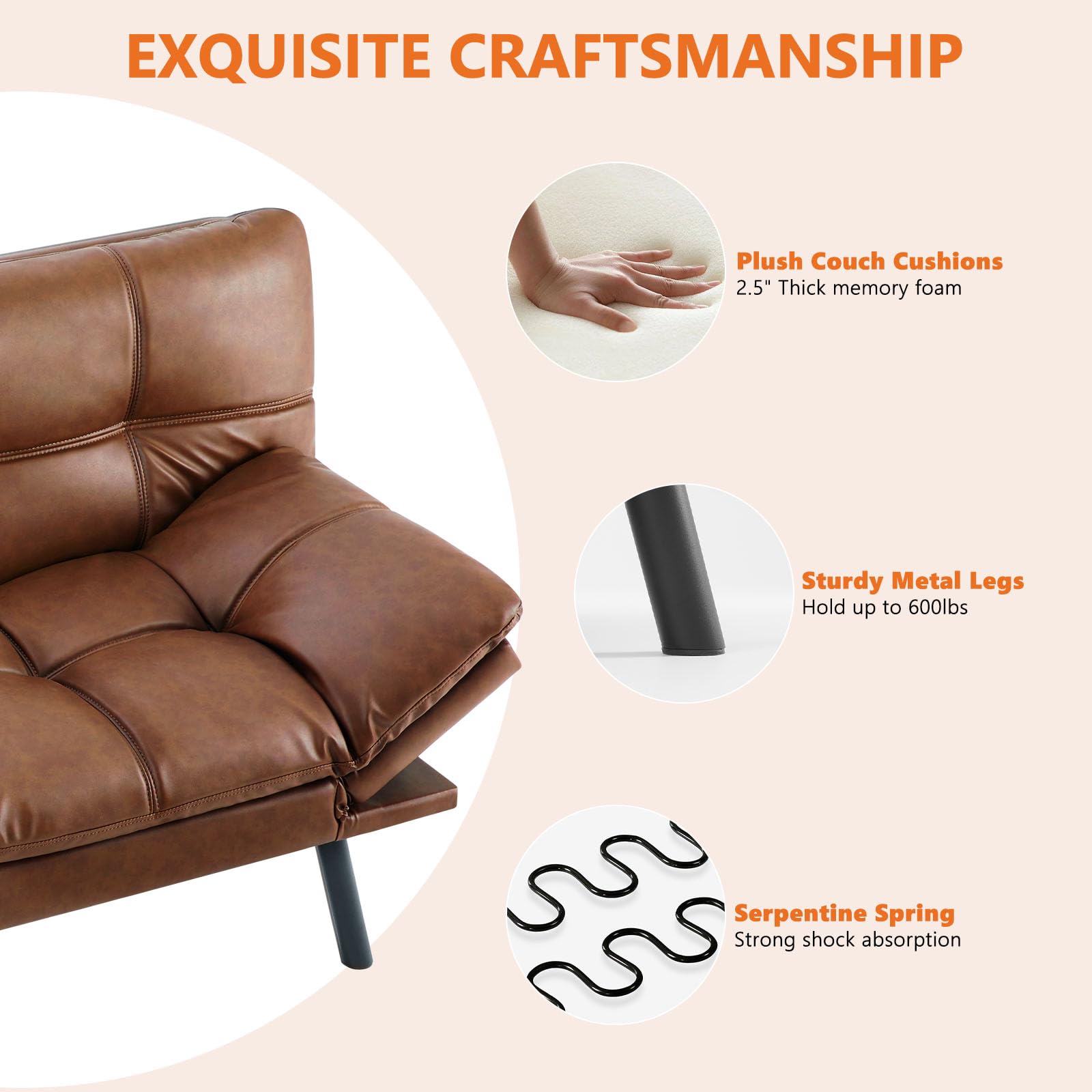 Sweetcrispy Futon Sofa Bed - Leather Sofa Futon Couch, Memory Foam Couch, Convertible Loveseat for Living Room, Leather, Brown