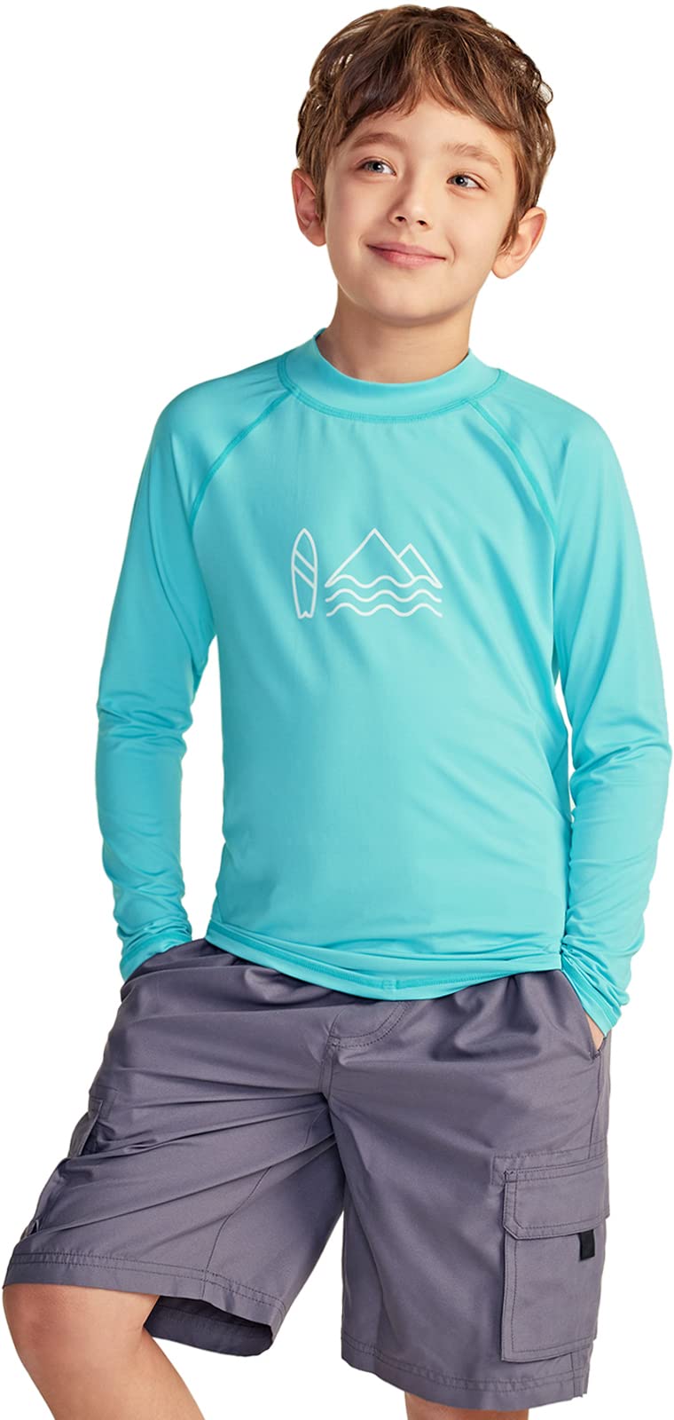 TSLA Boys UPF 50+ Rash Guard Long Sleeve, UV Sun Proctection Water Swim Shirts, Surf Swimwear Swimsuit Top, Vacation Aqua, 14