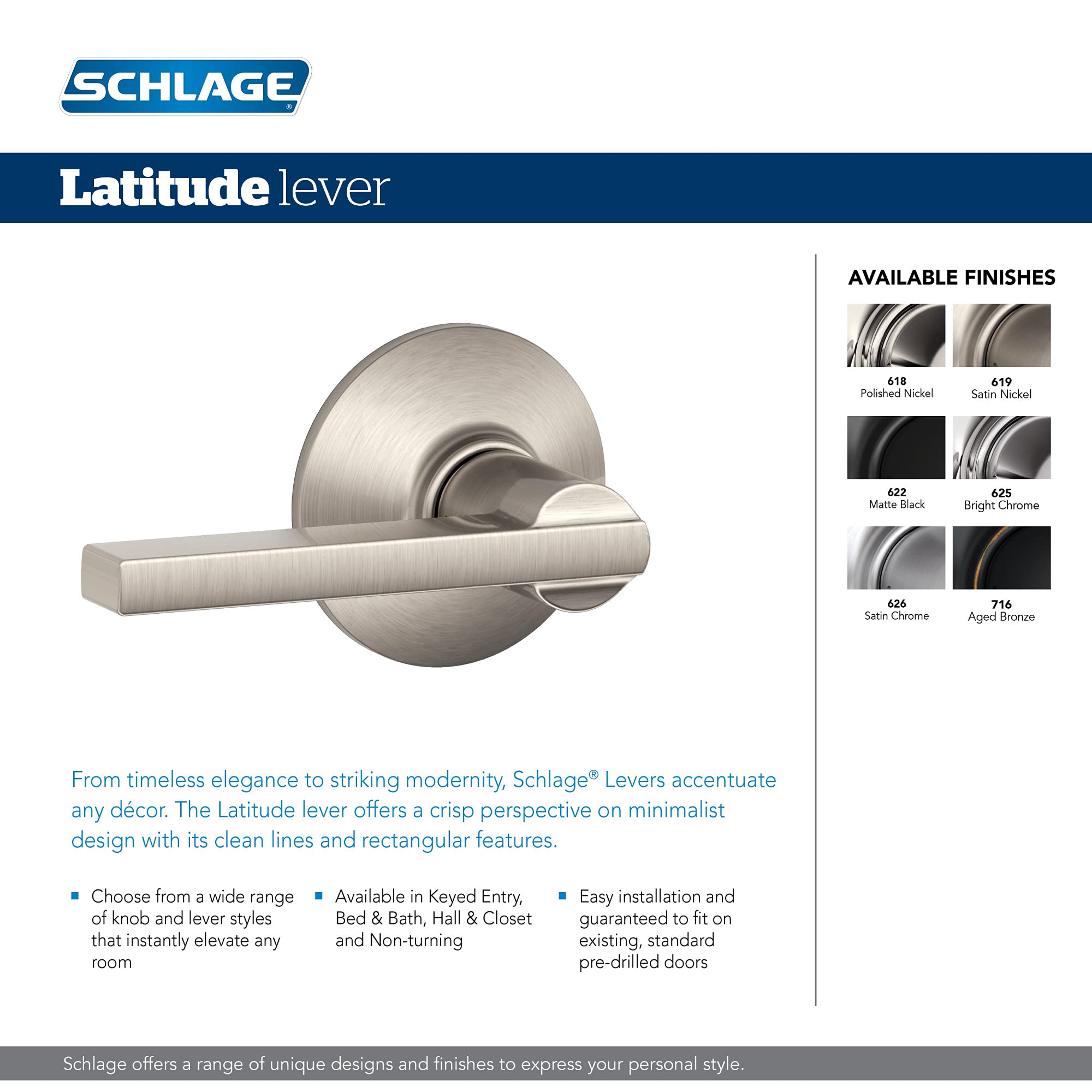 Schlage F40 V LAT 619 Latitude Door Lever, Bed & Bath Privacy Lock, Satin Nickel