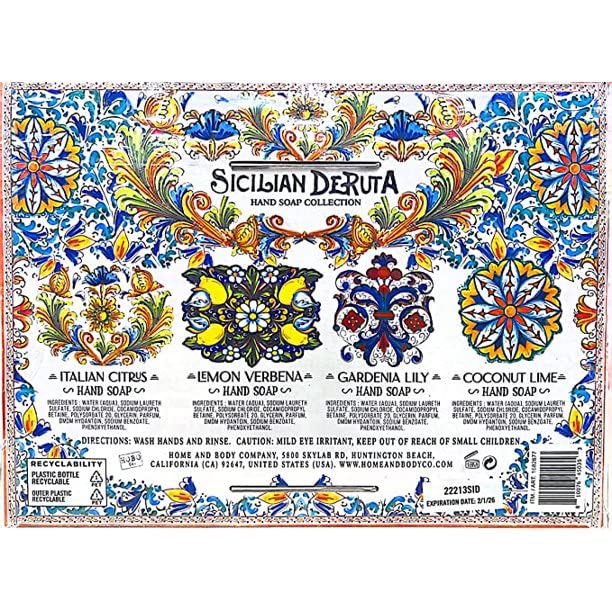 Sicilian Deruta | Hand Soap Collection | 4 x 21.5 fl.oz Plastic Bottles | Italian Citrus | Lemon Verbena | Gardenia Lily | Coconut Lime