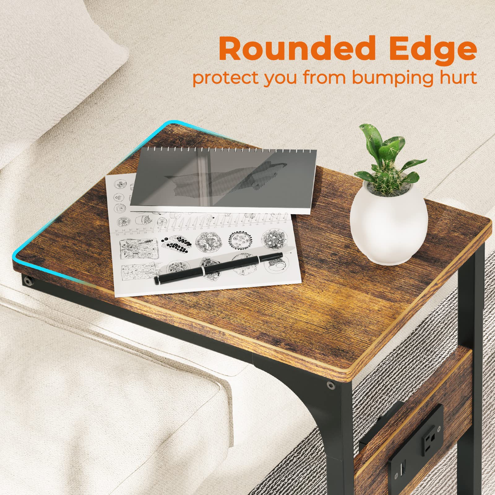 SUPERJARE C Shaped End Table with Charging Station, Bed Side Table with USB Port & Outlet, Couch Table, C Table for Living Room, Set of 2, Rustic Brown