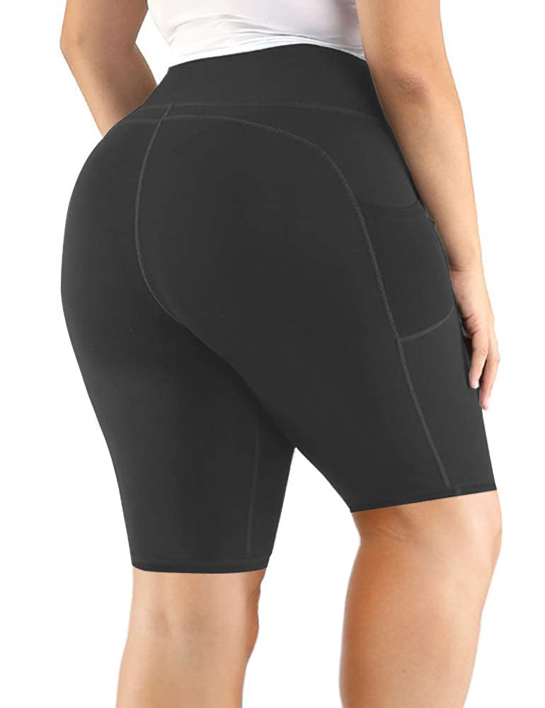 Uoohal Women's Yoga Shorts Plus Size High Waist Workout Biker Active Shorts Tummy Control Side Pockets Black 3XL