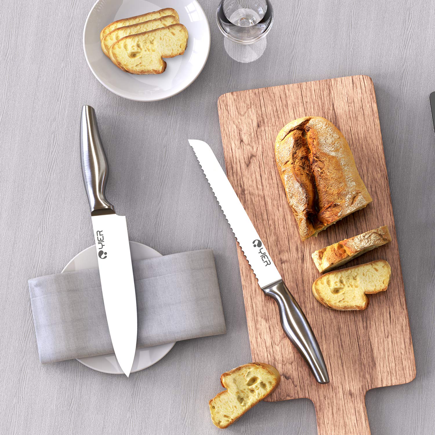 YIER Knife Sets,15 Pieces German High Carbon Stainless Steel Hollow Handle Self Sharpening Kitchen Knife Set with Finger Protection&Acrylic Stand-Best