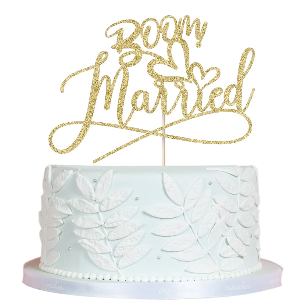 Sodasos BOOM! Married Wedding Cake Topper,Funny Cake Topper, Quirky, Nerdy Topper,Married Cake Topper,Bridal Shower,Theme Wedding Party Supplies (gold)