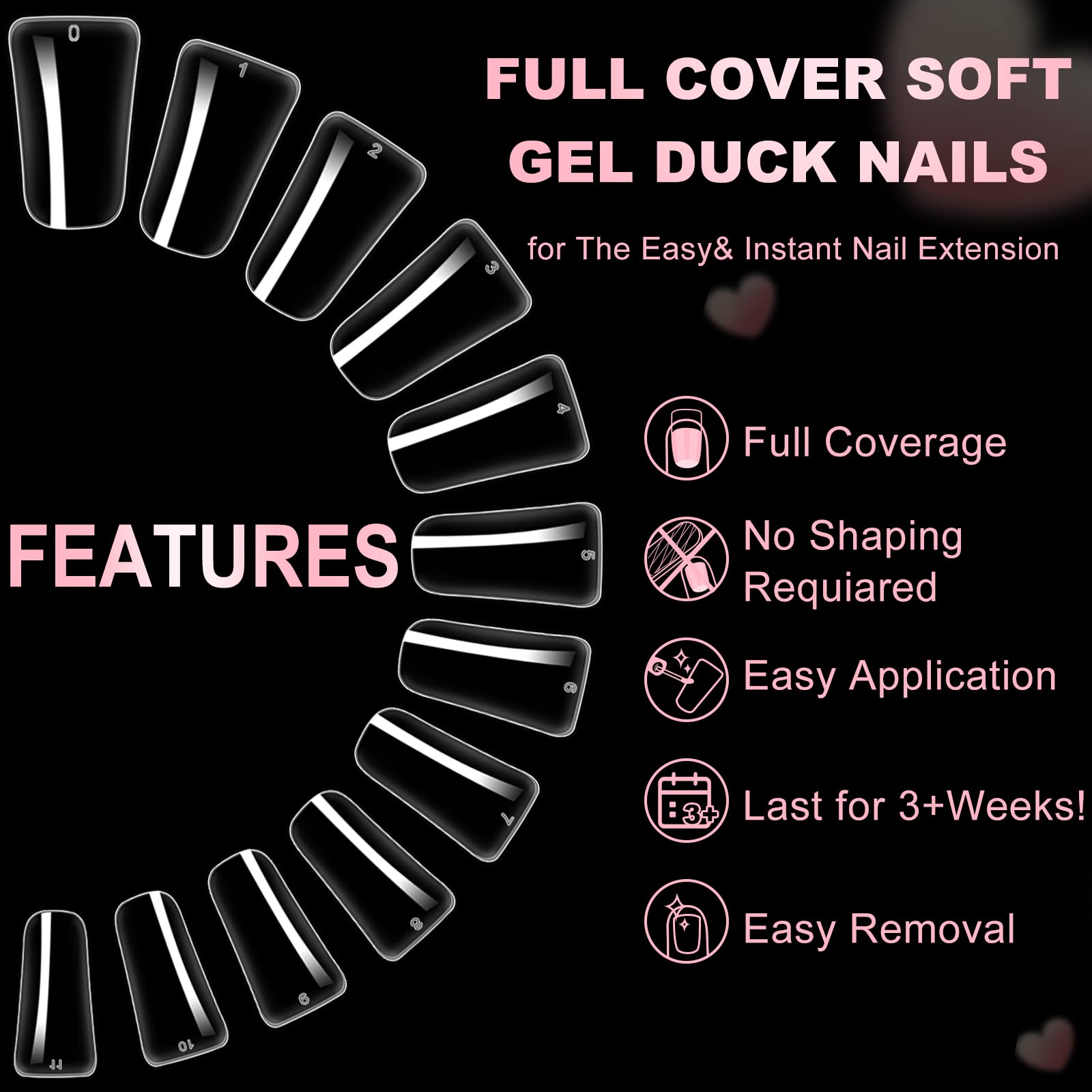 SINOKAME 500 Pcs Duck Nail Tips Half Cover,Clear Duck Fan Flare Nail Tips for Acrylic Nails,Wide French False Nail Tips Y2K Vibe With Random Charms,10 Sizes