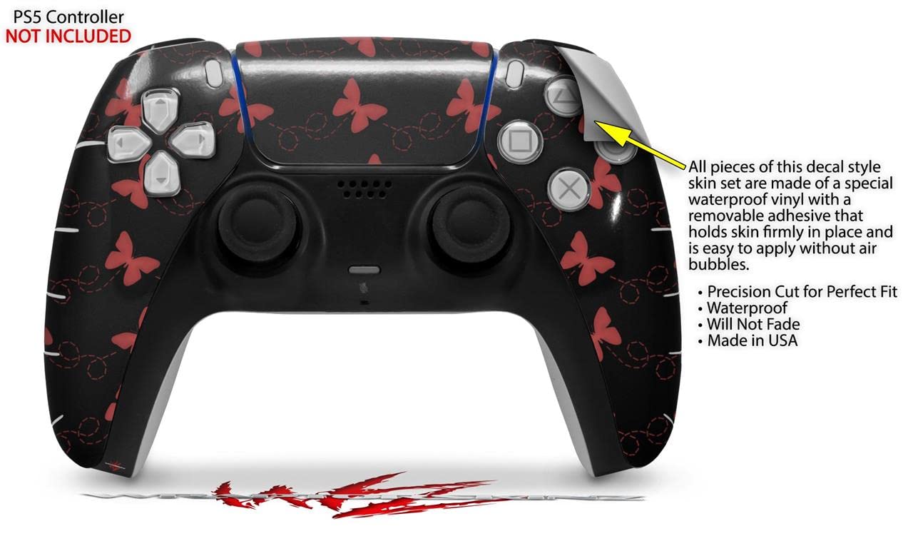 WraptorSkinz Skin Wrap compatible with Sony PS5 DualSense Controller Pastel Butterflies Red on Black (CONTROLLER NOT INCLUDED)