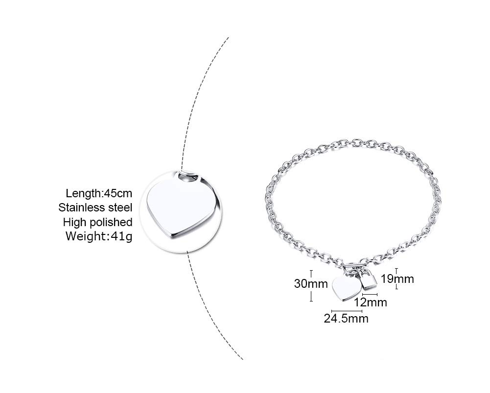 VNOX Personalized Initial Name Stainless Steel Trendy Cable Chain Bracelet Neckalce Set with Padlock Heart Charm and Toggle Clasp Closure