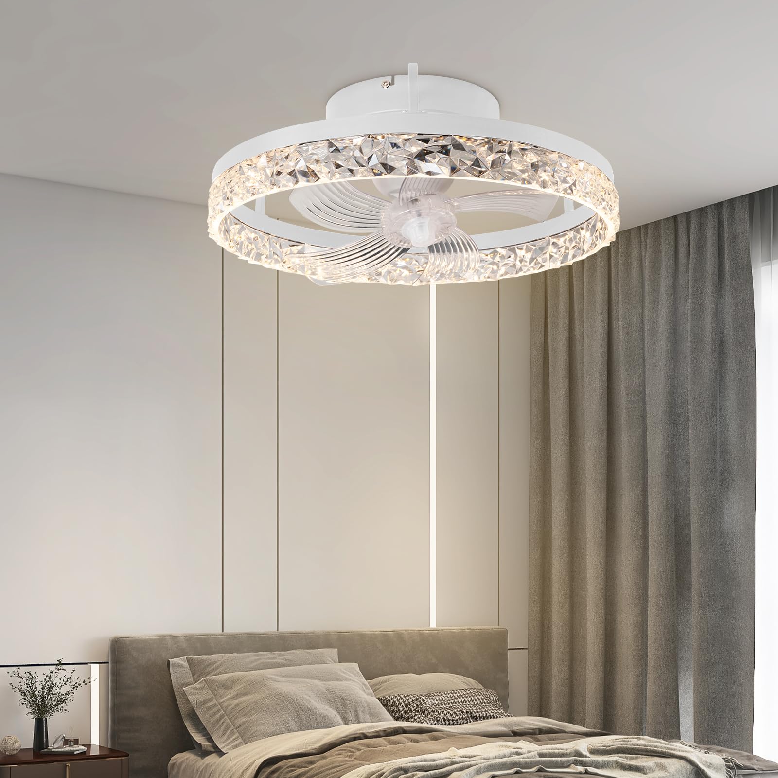 Tivleed Low Profile Ceiling Fan with Lights, 20" Semi Flush LED Fans Light, Remote & Smart APP Control, 360° Rotatable, Modern, 3 Colors Dimmable, for Bedroom Kitchen Living Room, White