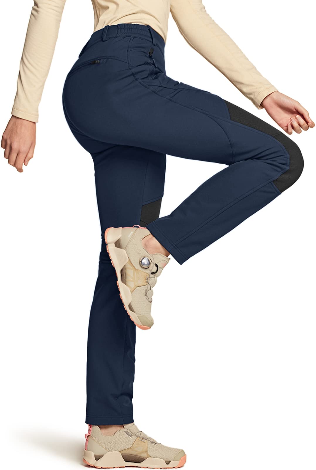 TSLA Women's Softshell Winter Snow Ski Pants, Fleece Lined Waterproof Hiking Pants, Insulated Work Outdoor Pants, 2-layer Reinforced Knee Navy, Large