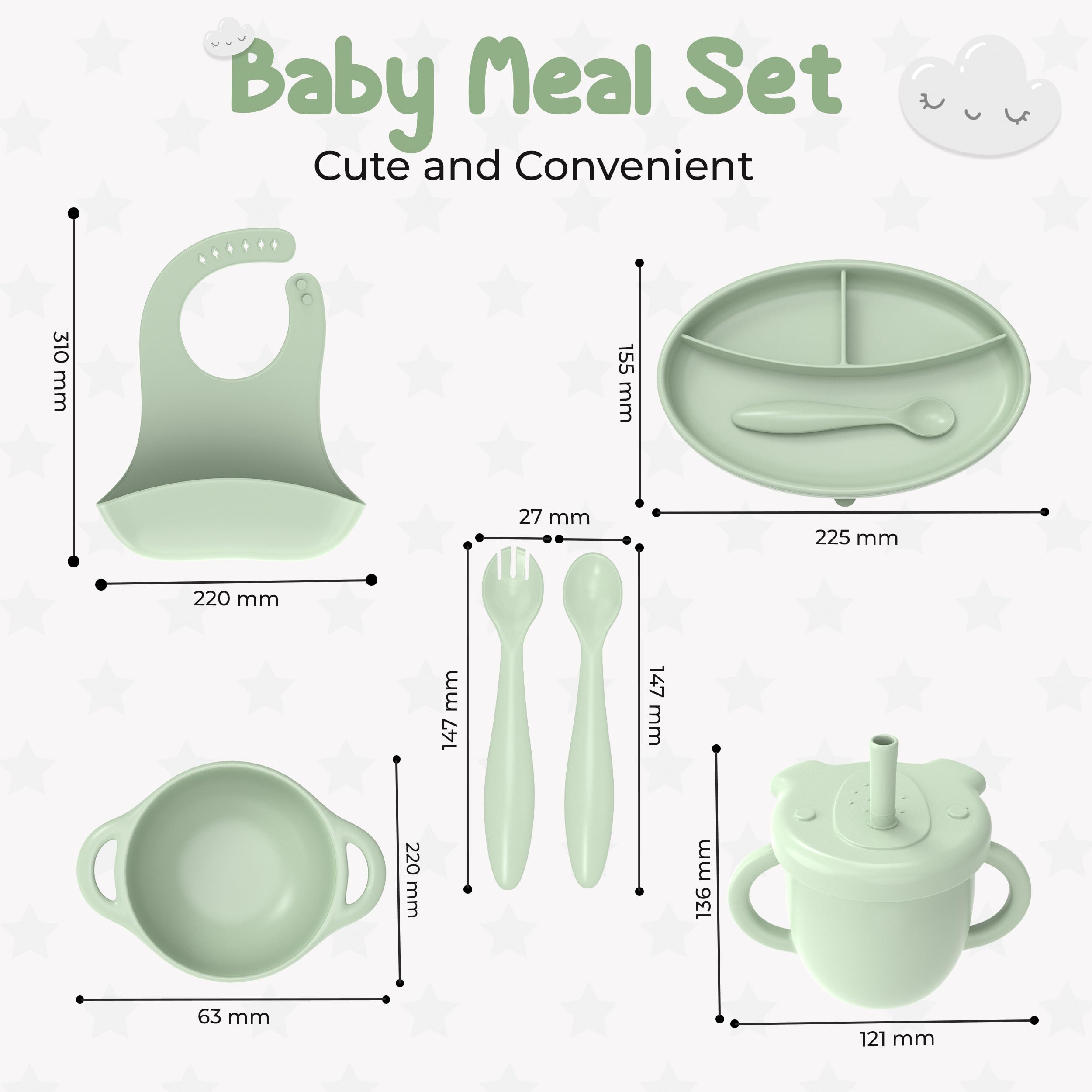 WANDA KIDZ Silicone Baby Feeding Set - Baby Led Weaning Supplies - 6PC Self Feeding Baby Utensils; Suction Plate, Bowl, Bib, Cup, Spoon, Fork - First Stage Baby Eating Essentials - 4+ Months - Blue