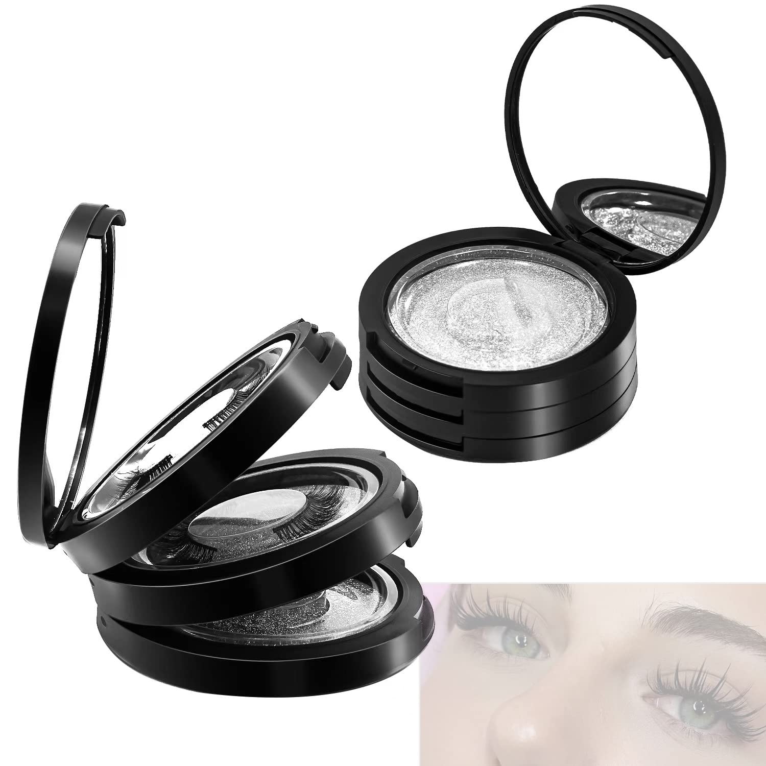 YiQiYi False Eyelash Case 2 PCS Round Eyelashes Organizer Box with Makeup Mirror New Look Cosmetic Storage Packing Plastic Holder Case Travel(Black and Lilac Lavender)