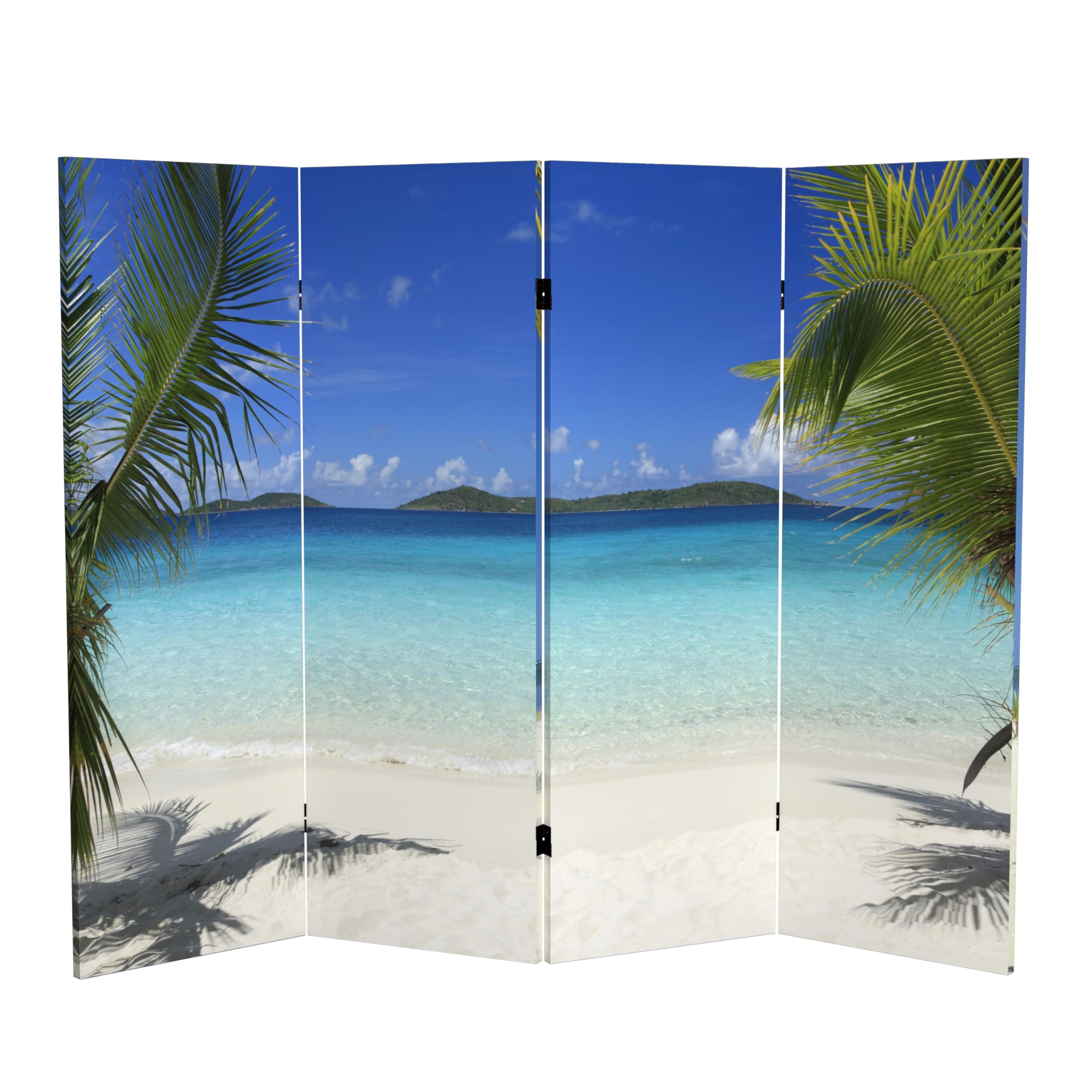 Red Lantern 4 ft. Short Double Sided Beach Canvas Folding Screen 4 Panel Freestanding Partition and Separator for Modern and Contemporary Bedroom, Home Office, Studio, Dorm, Apartment
