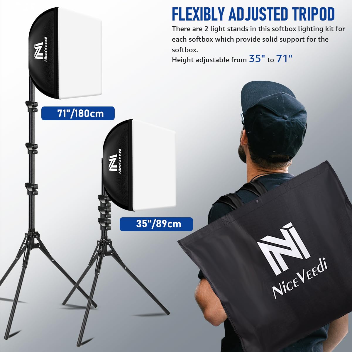Softbox Lighting Kit, NiceVeedi 2-Pack 16'' x 16'' Softbox Photography Lighting Kit with 63β Tripod Stand & 5400K 450W Equivalent LED Bulb, Continuous Lighting for Photography/Video Record/Live Stream